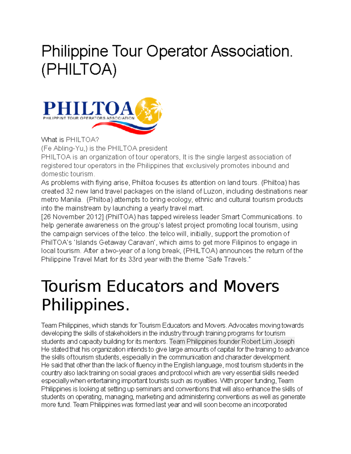 Philippine Tour Operator Association - (PHILTOA) What is PHILTOA? (Fe ...