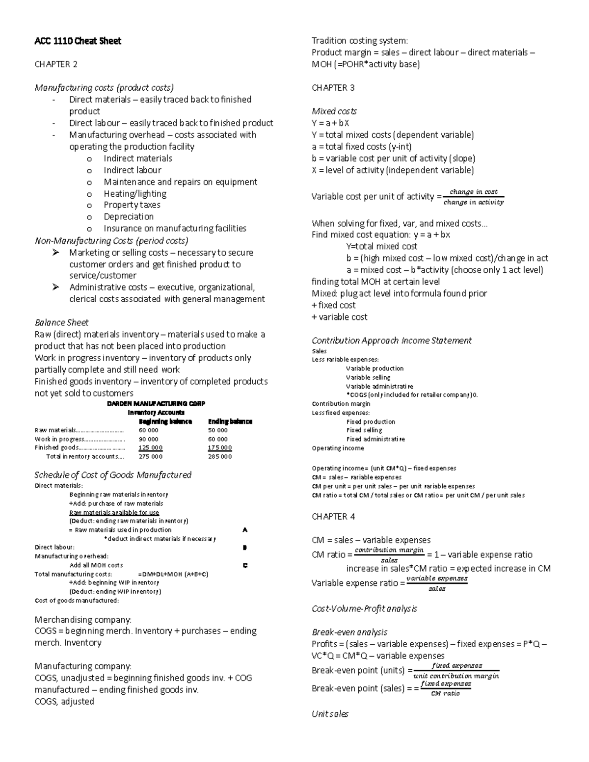 ACC 1110 Cheat Sheet - Key Formulas and Concepts Guide - Studocu