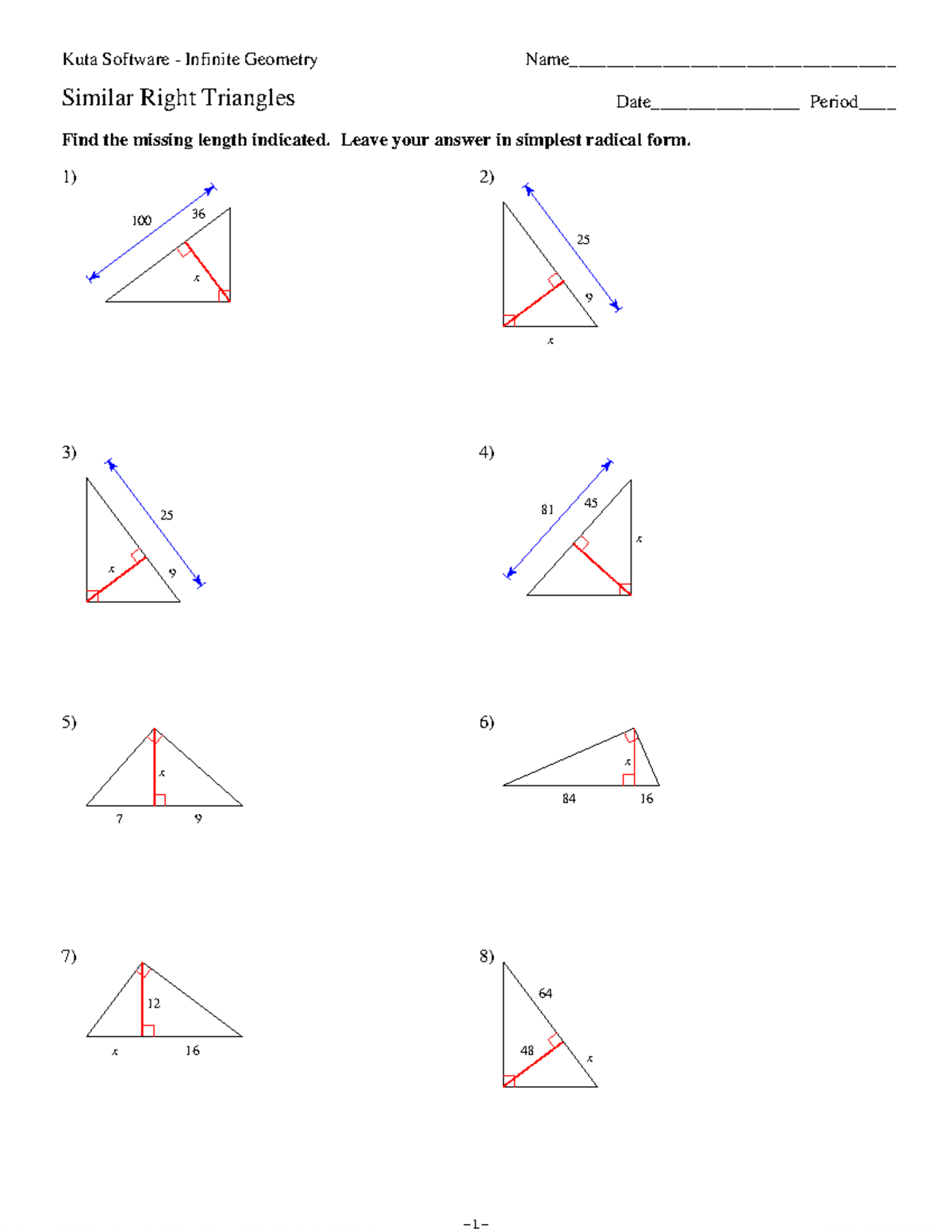 Kuta Software - Infinite Geometry: Similar Right Triangles Worksheet ...