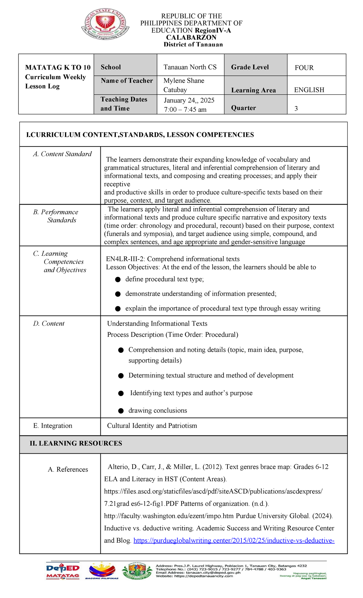 MSC-DLP - Detailed Lesson Log on Understanding Procedural Texts - Studocu