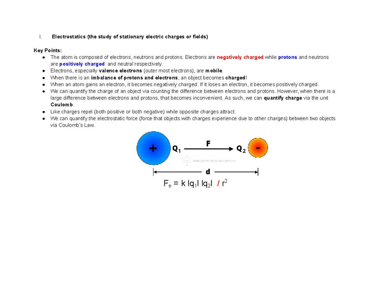 Electrostatics (PHYS 101) Key Points and Concepts Explained - Studocu