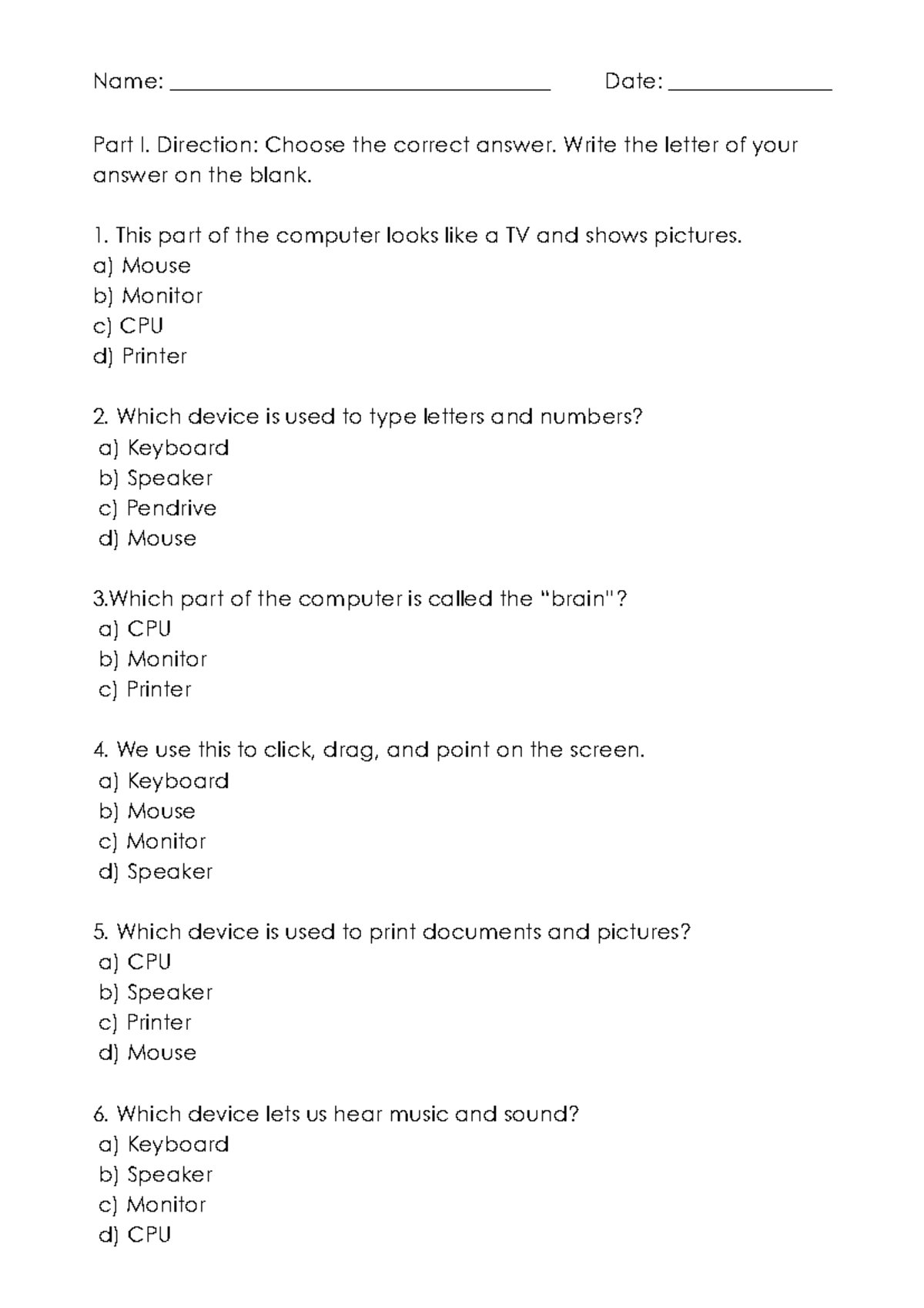 Grade 1 - Computer Quiz: Identify Devices and Their Uses - Studocu