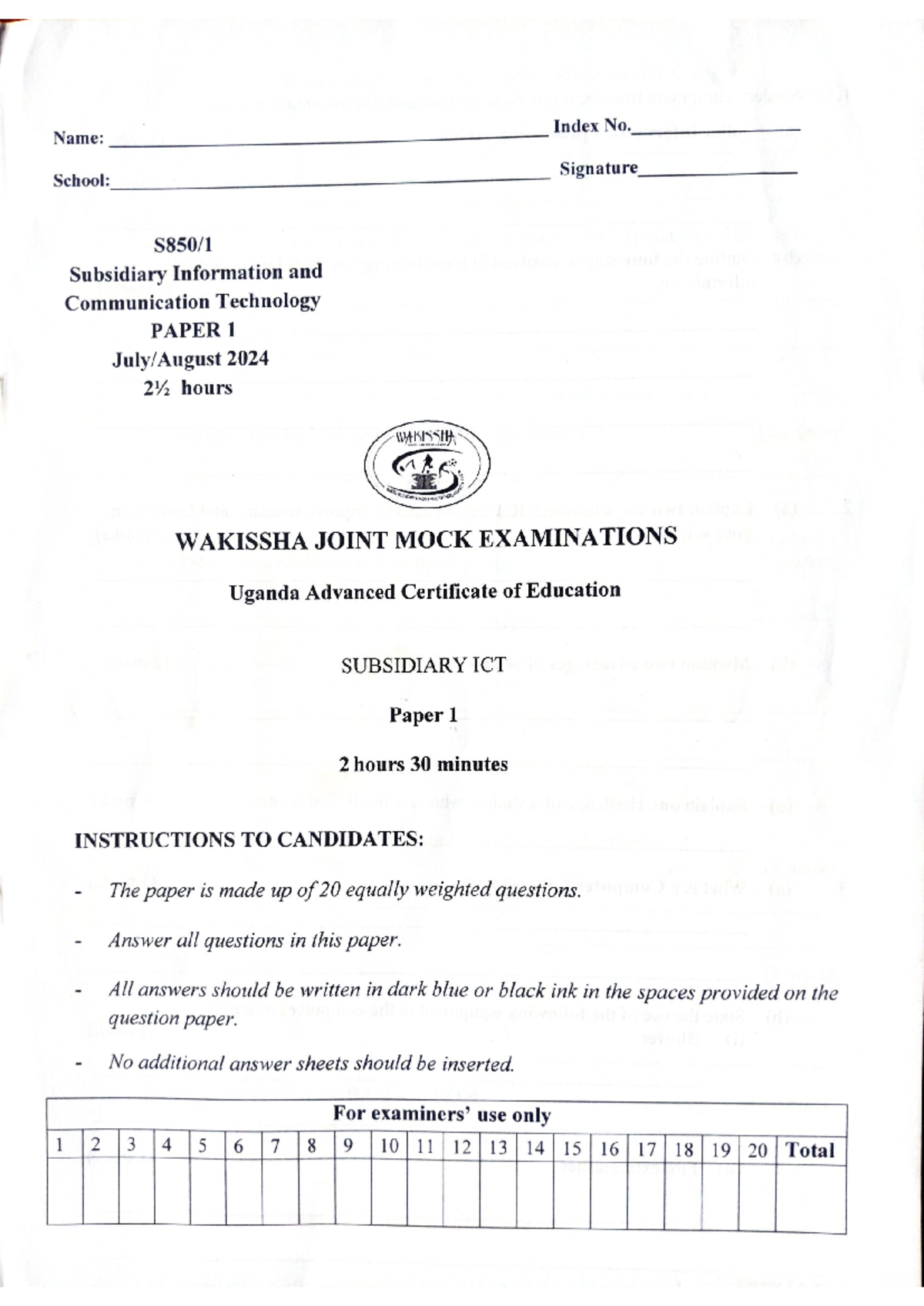Wakissha Joint Mock Examinations 2024 - ICT Paper 1 Review Guide - Studocu