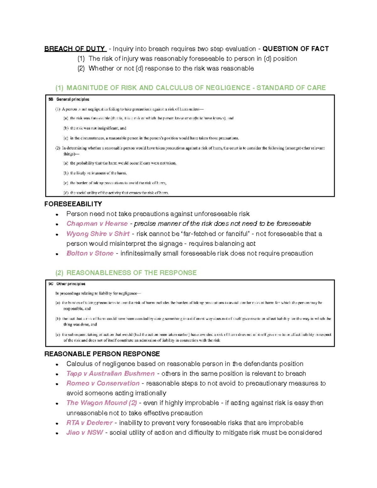 Breach Cheat Sheet: Evaluating Risk of Injury in Negligence Cases - Studocu