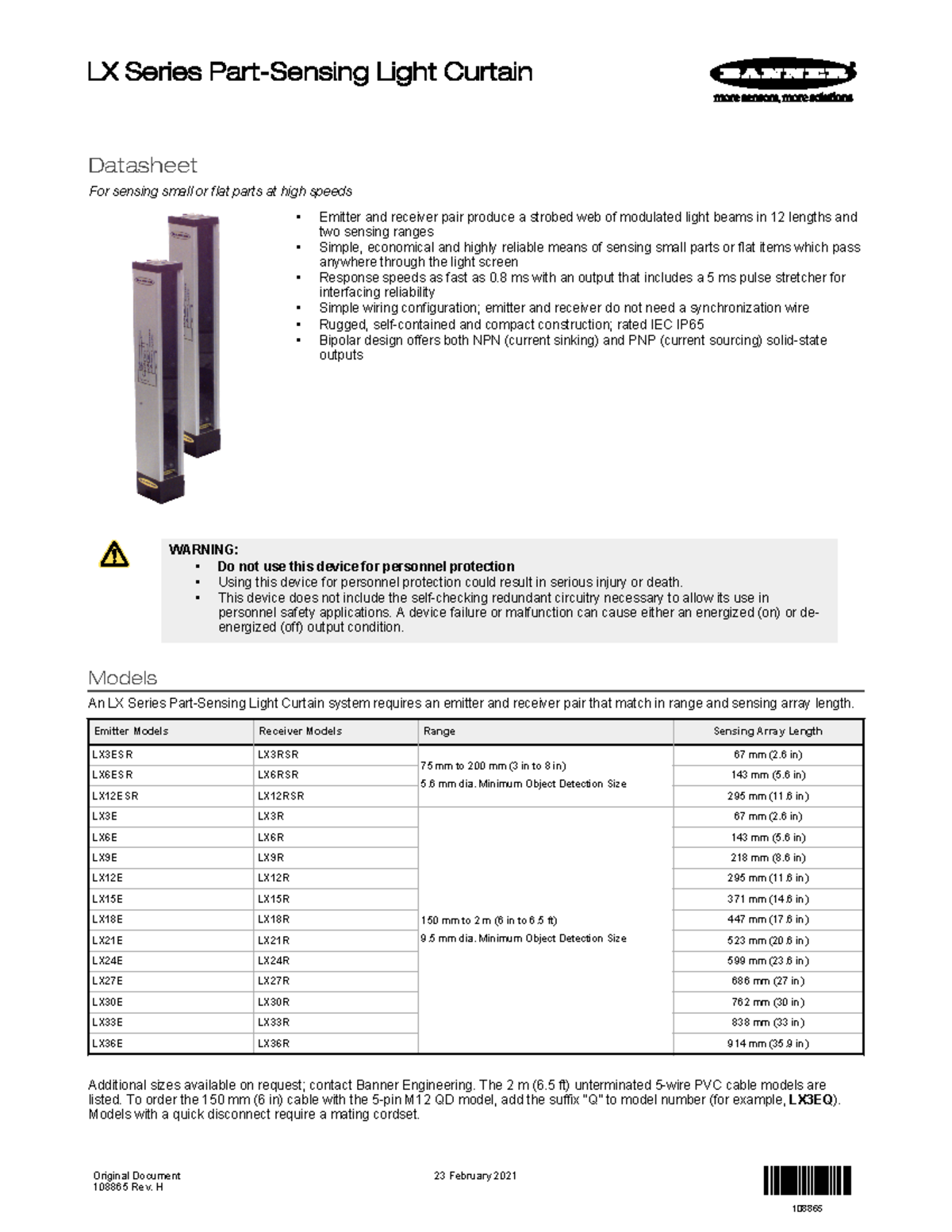 108865 LX Series Part-Sensing Light Curtain - Datasheet For sensing ...