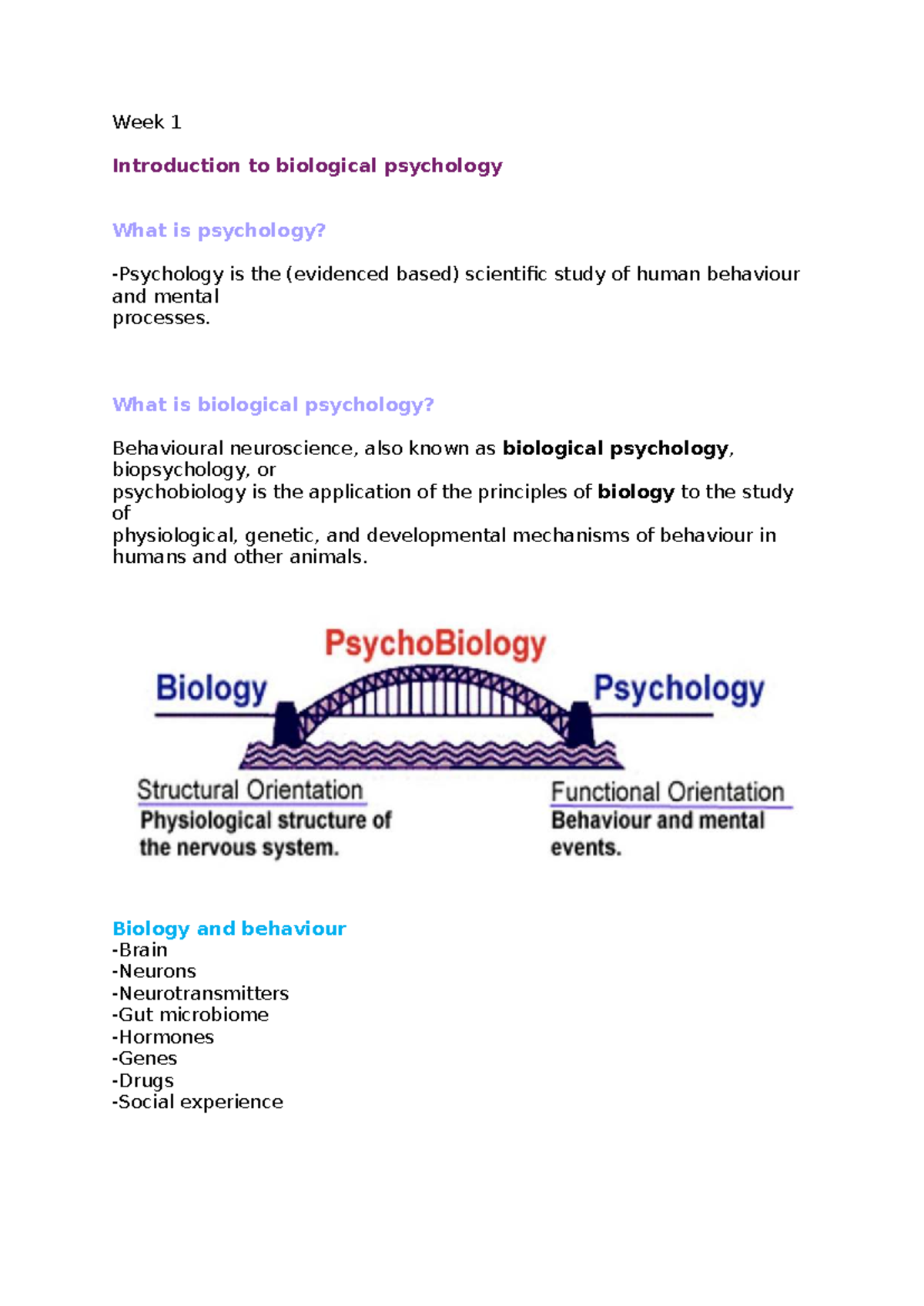 Week 1 - Introduction to Biological Psychology (PSY 101) - Studocu