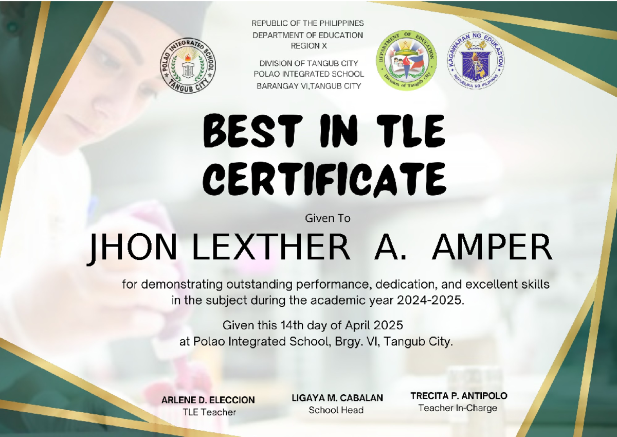 Best in TLE Certificate - College Achievement for Jhon Lexther A. Amper ...