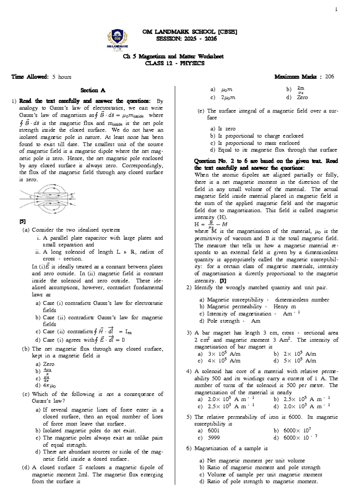 Ch 5 Magnetism and Matter Worksheet - Class 12 Physics - Studocu