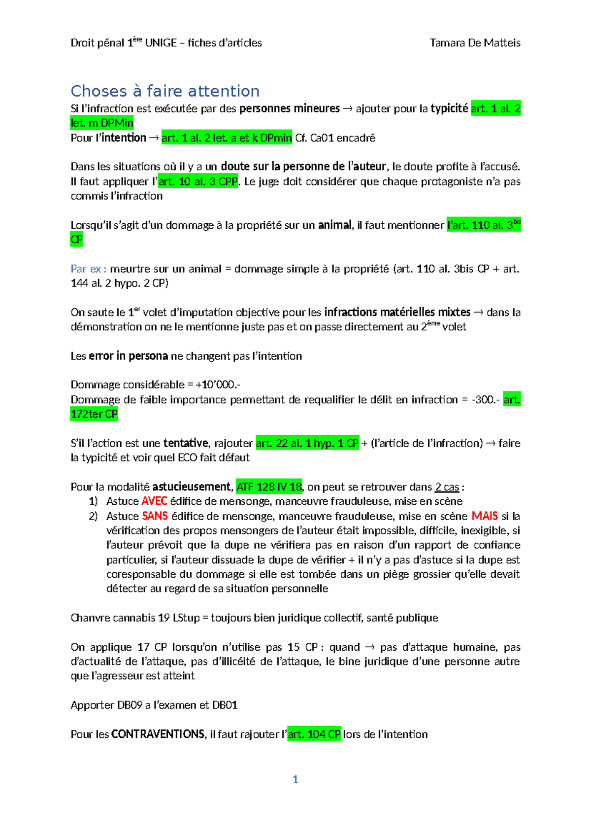 Droit pénal 1ère UNIGE - Fiches d'Articles de Tamara De Matteis - Studocu