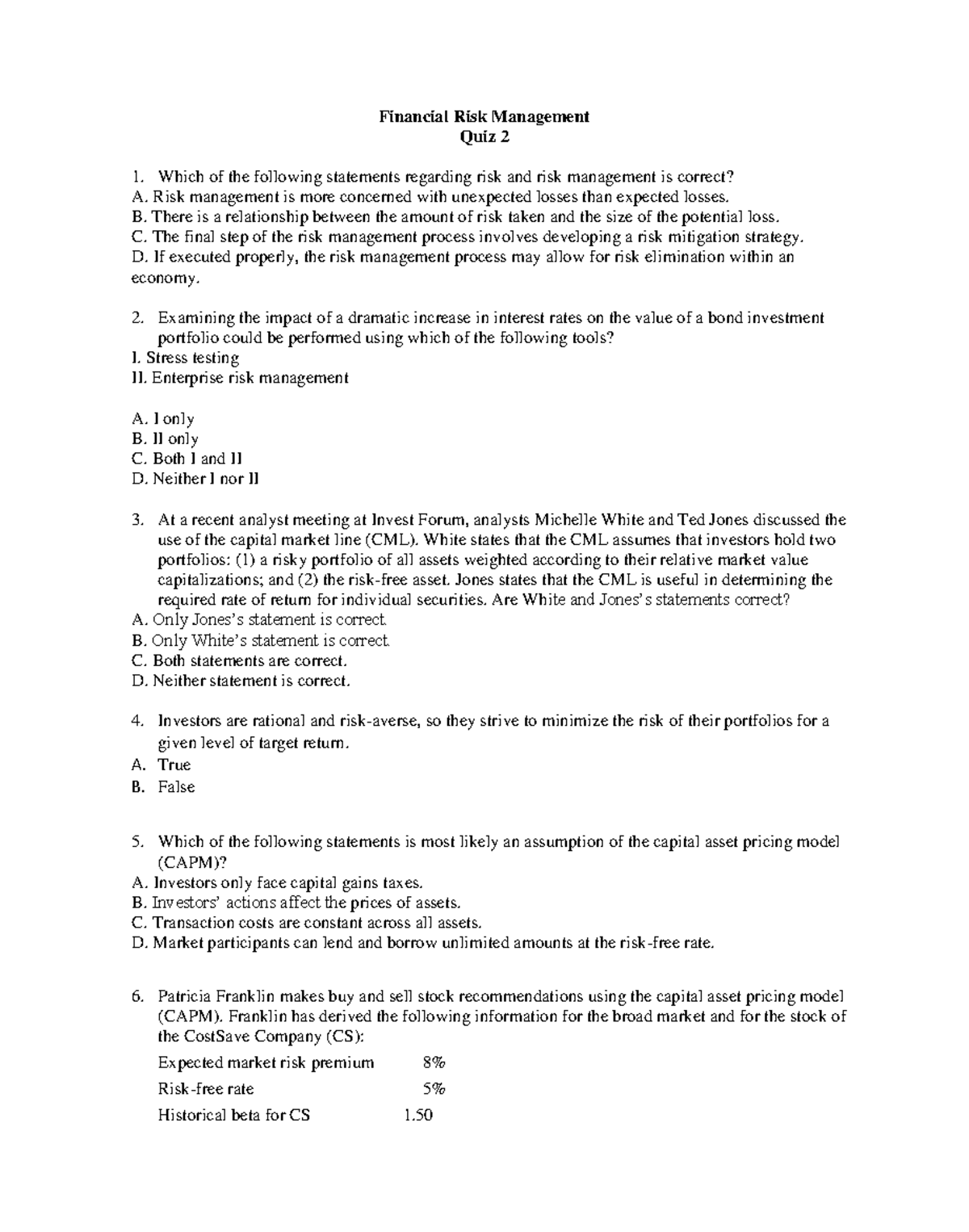 FRM-Quiz 2: Key Concepts in Financial Risk Management Evaluated - Studocu