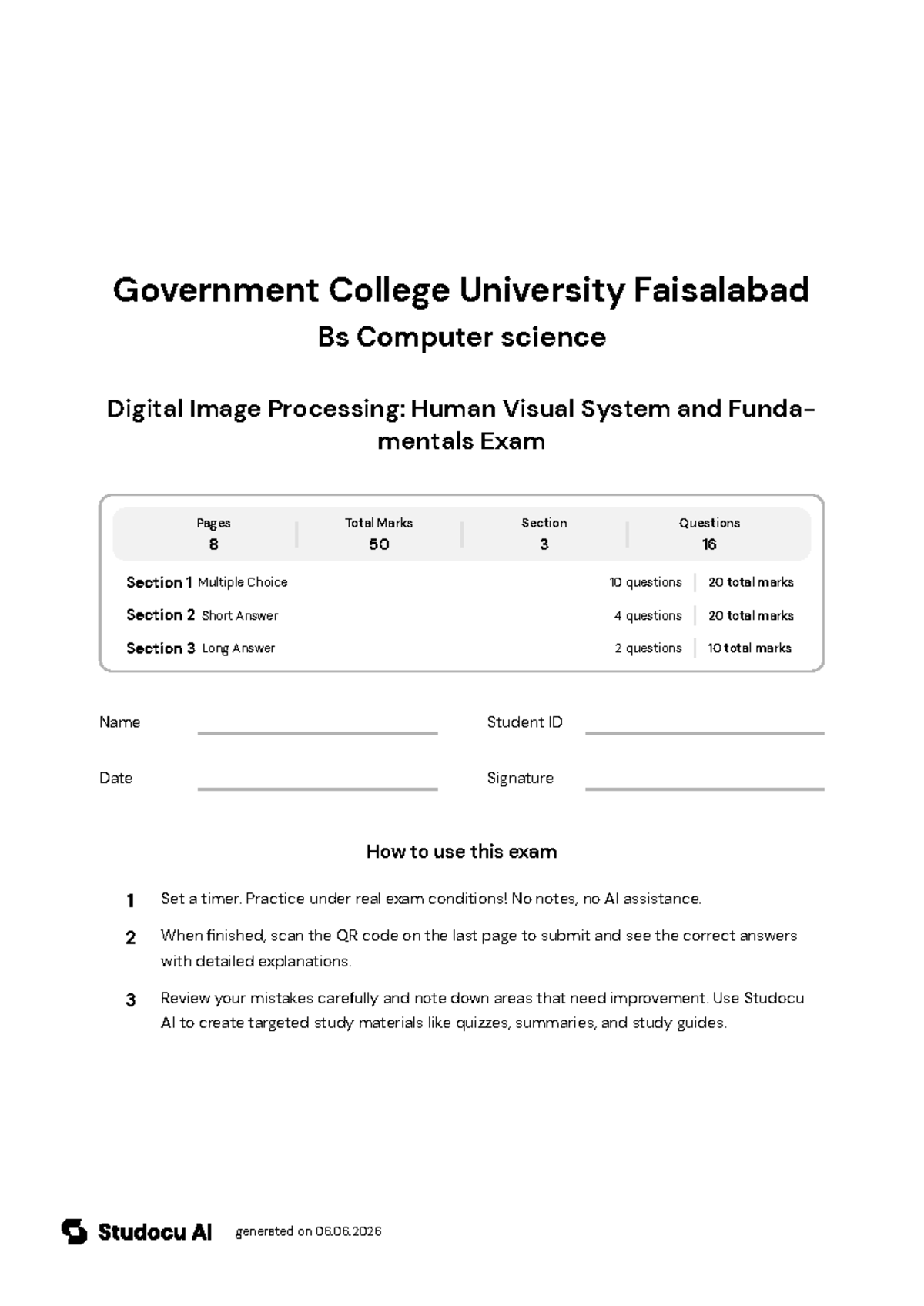 Digital Image Processing: Human Visual System Exam - Studocu