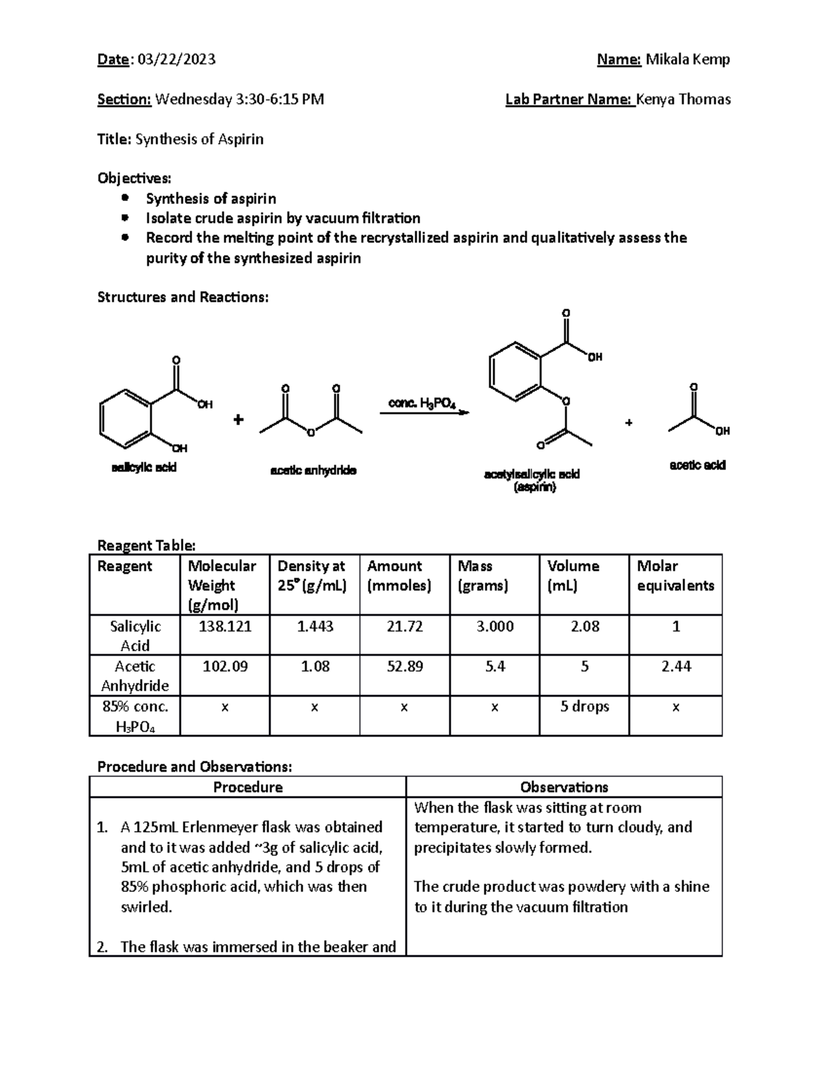Lab Report: Synthesis of Aspirin (Chem 101) - Studocu
