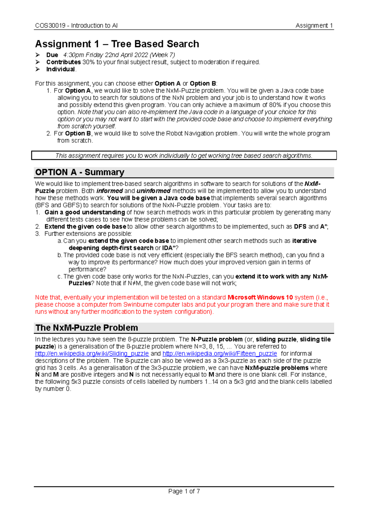 COS30019-2022 S1-A1 - Assignment 1 - Assignment 1 – Tree Based Search Due 4:30pm Friday 22nd ...
