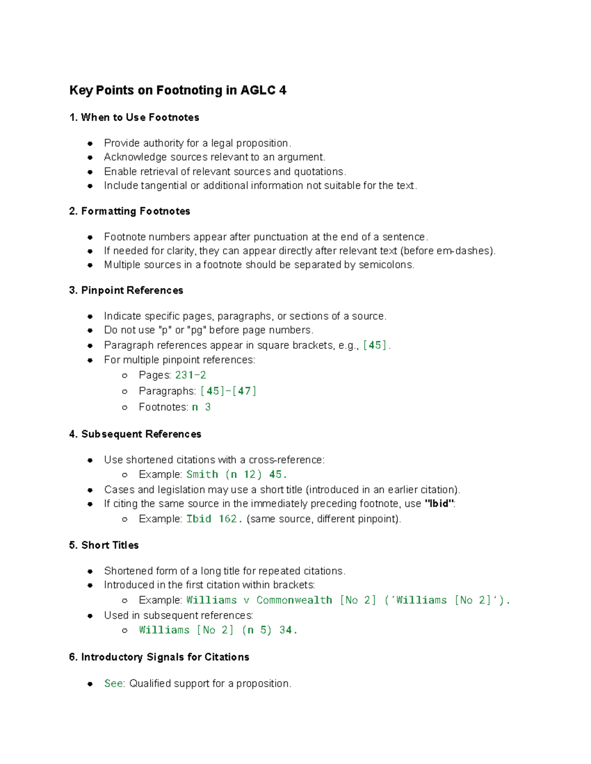 AGLC 4 Footnoting + citing cases legislation - Key Points on Footnoting ...