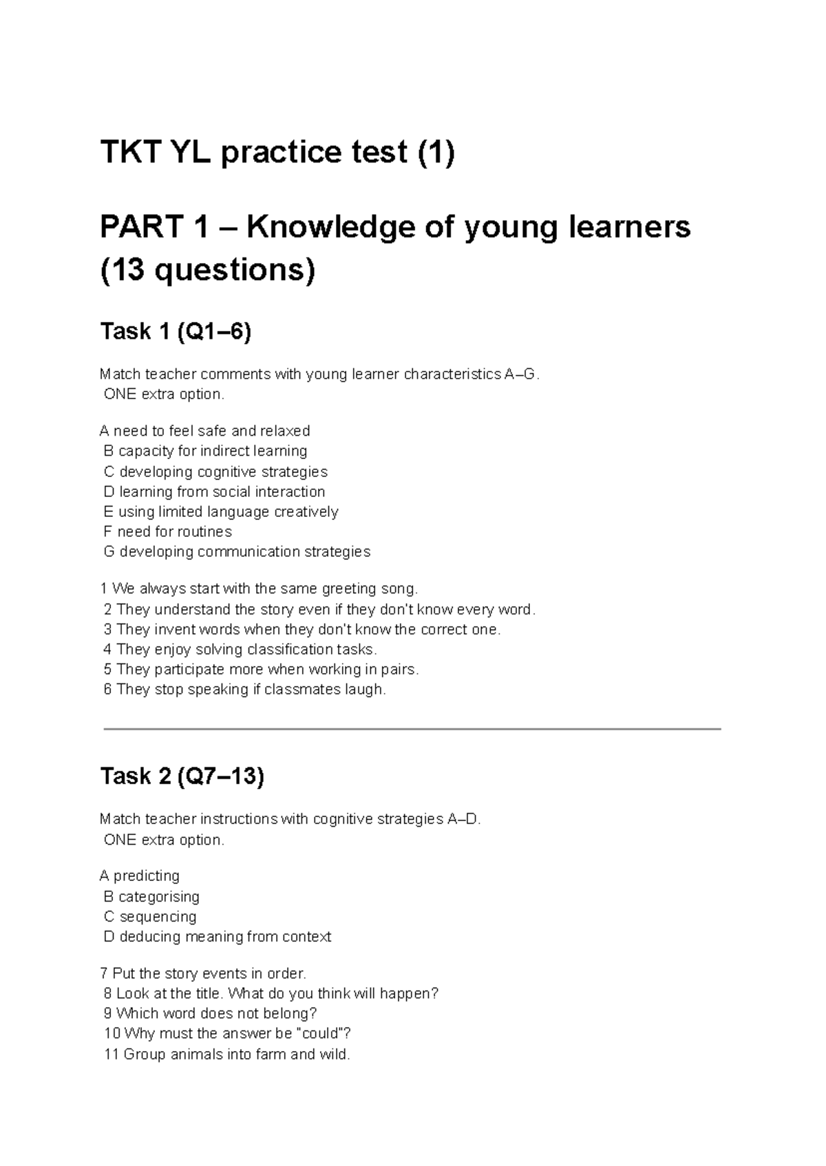 TKT YL Practice Test: Knowledge of Young Learners (Part 1) - Studocu
