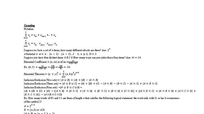 Comp Sci 1020 Test 2 Cheat Sheet - Google Docs - Counting Notation: 𝑖=𝑚 ...
