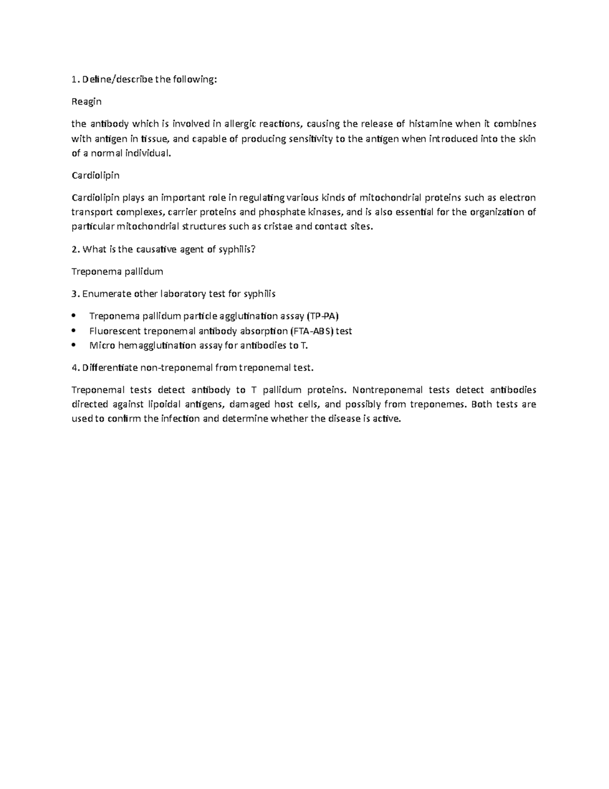 IMSE LAB Syphilis - ............... - Define/describe the following ...