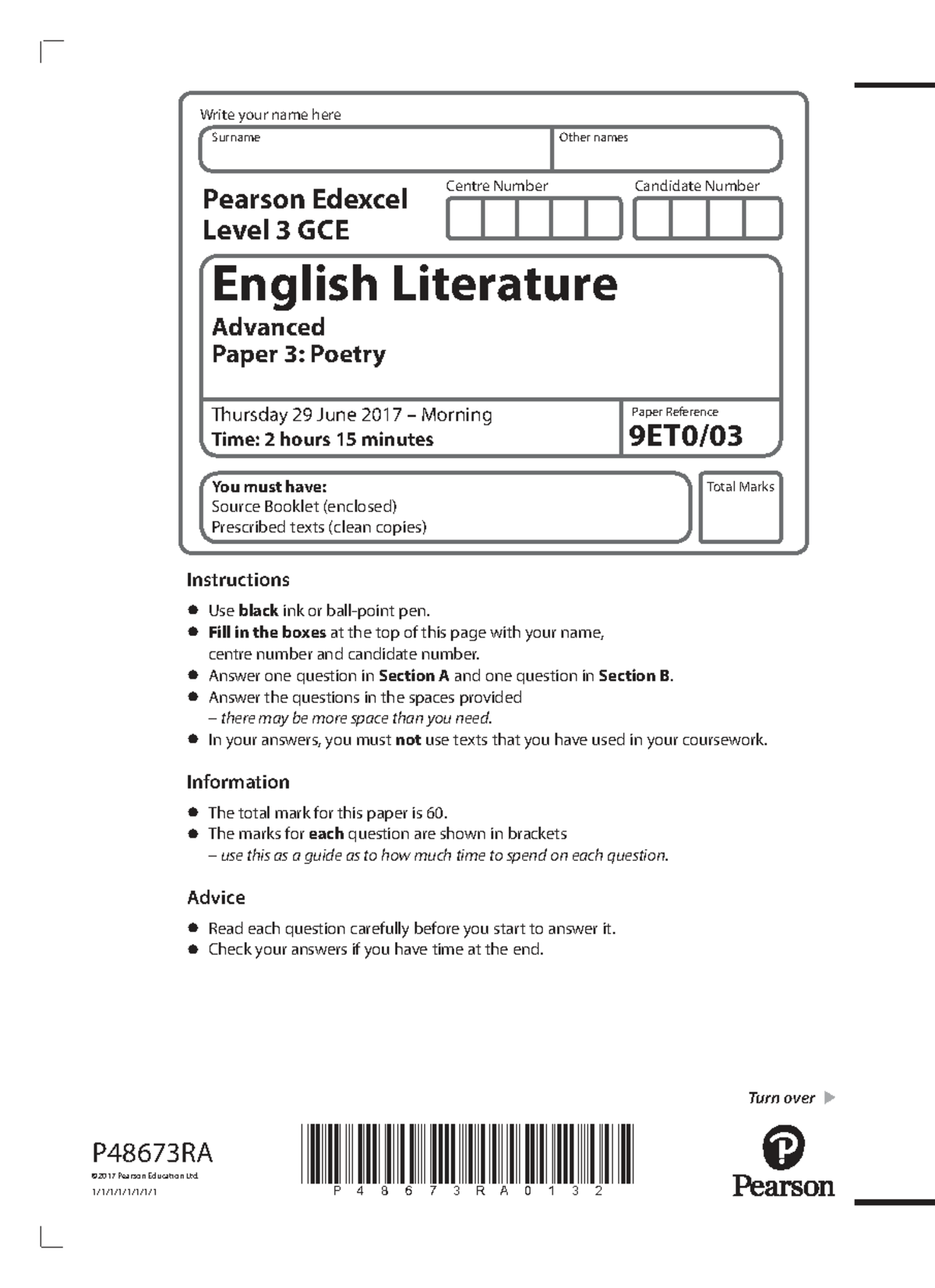 2017 Past Paper: Poetry Analysis - Edexcel A-level English Literature ...