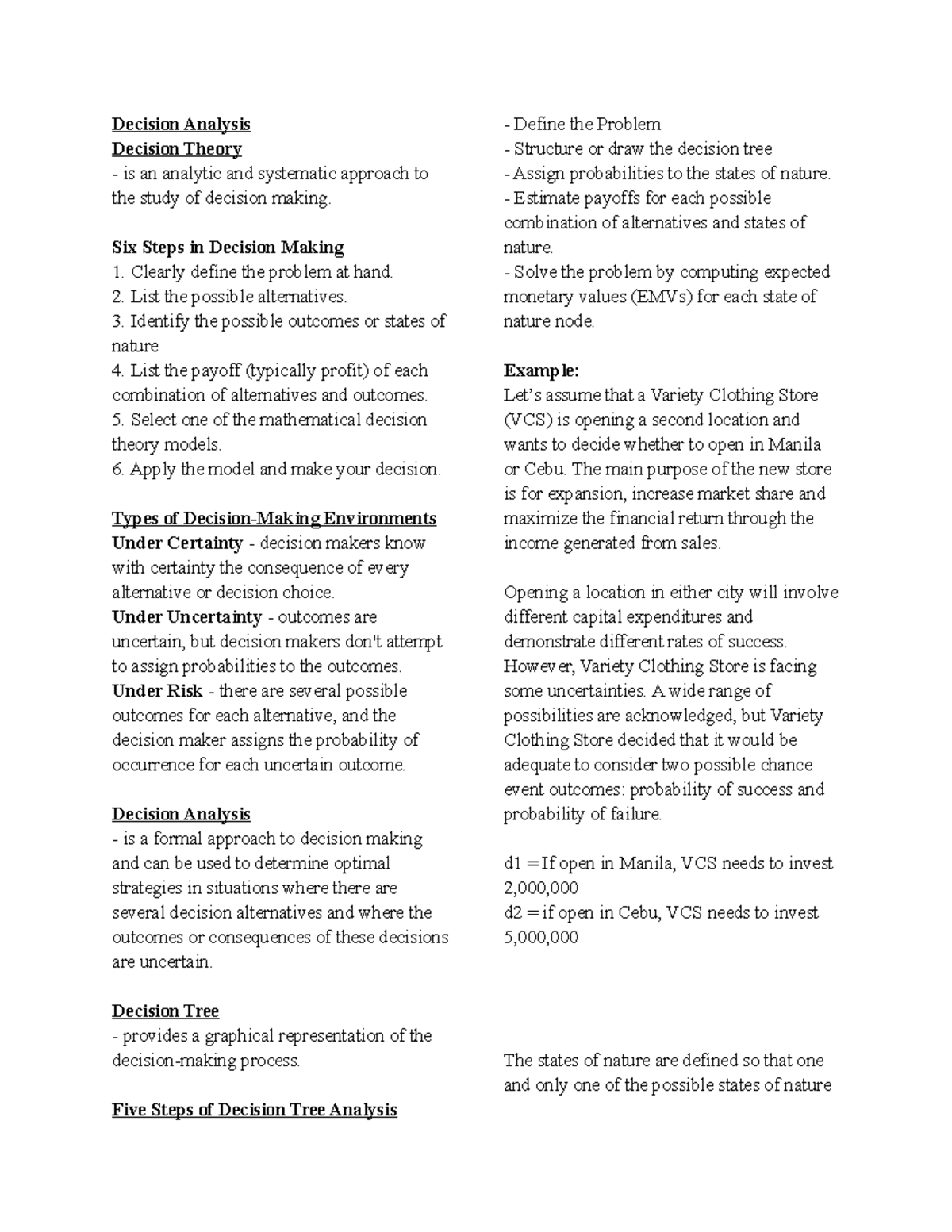 Mansci Quiz Review: Decision Analysis and Decision Theory - Studocu