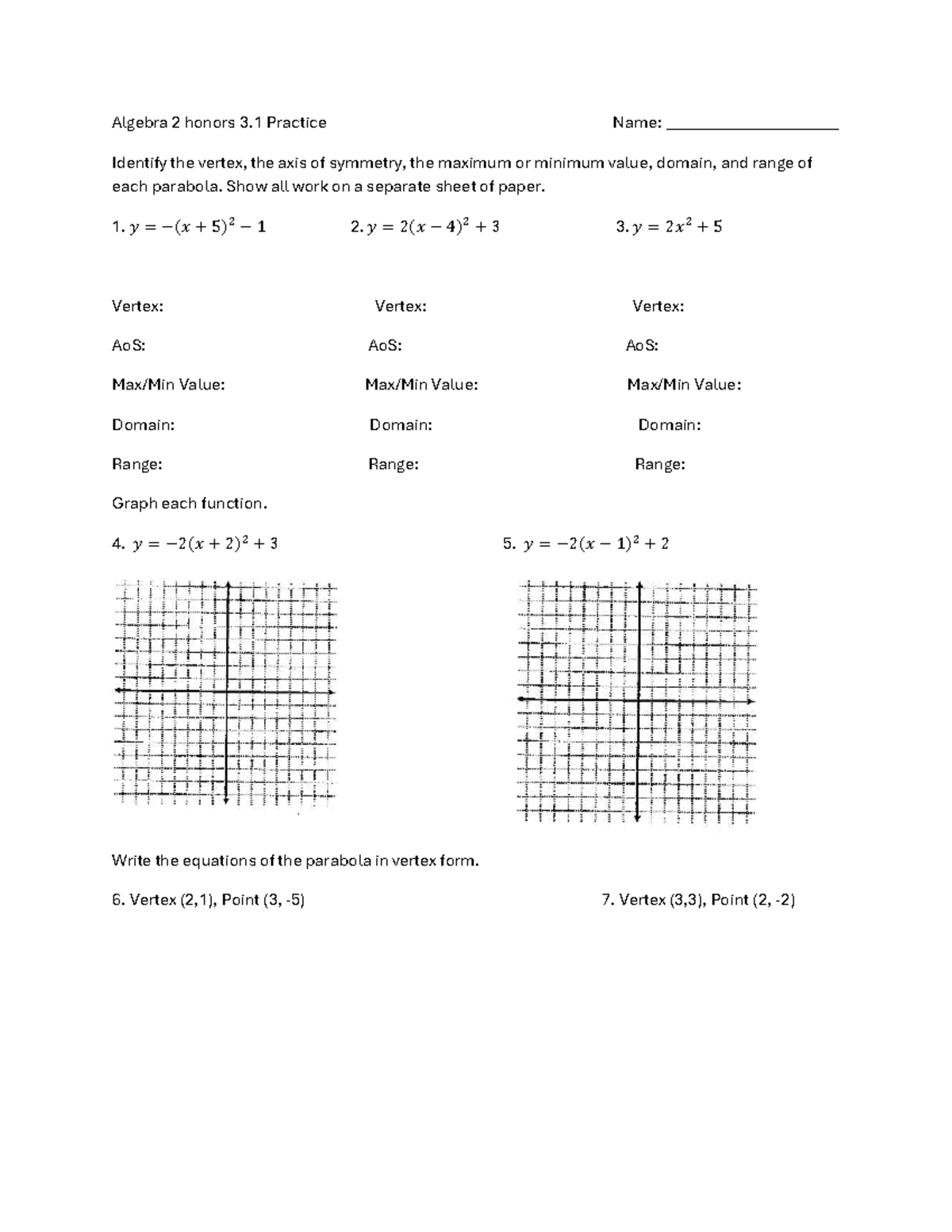 Algebra 2 Honors: 3.1 Practice Questions on Parabolas - Studocu
