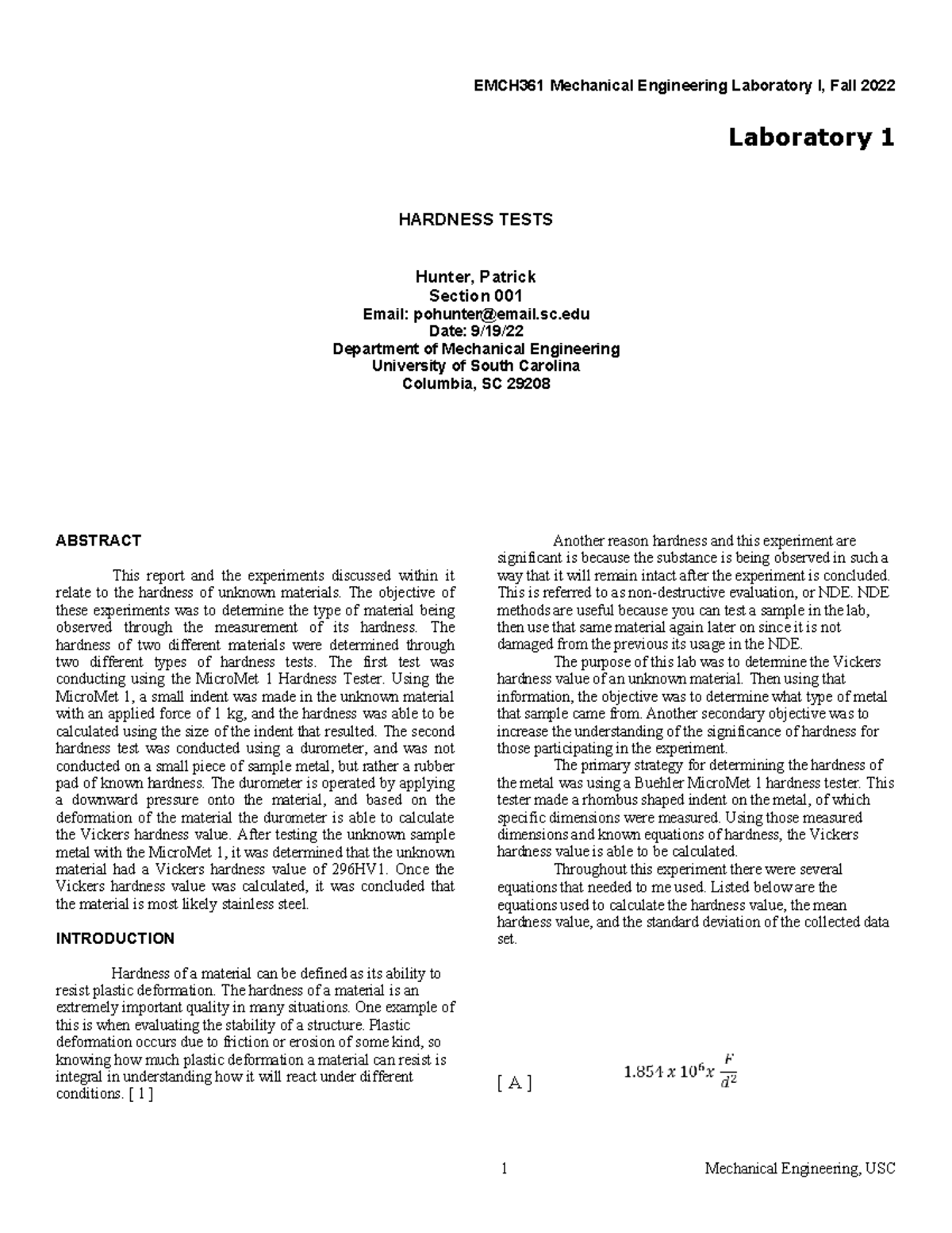 Hardness LAB Report Hunter, Patrick - EMCH361 Mechanical Engineering ...