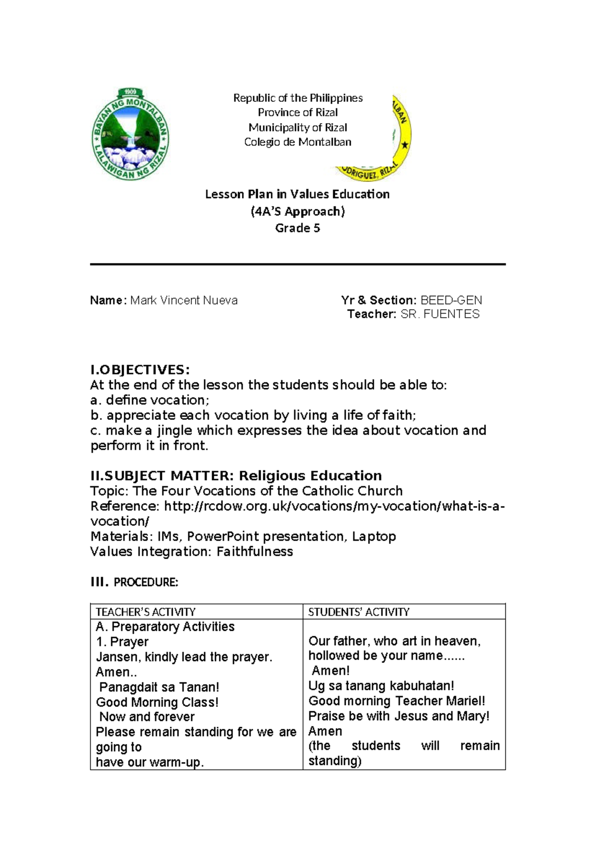 Lesson Plan: Exploring Vocations in Values Education for BEED-GEN - Studocu