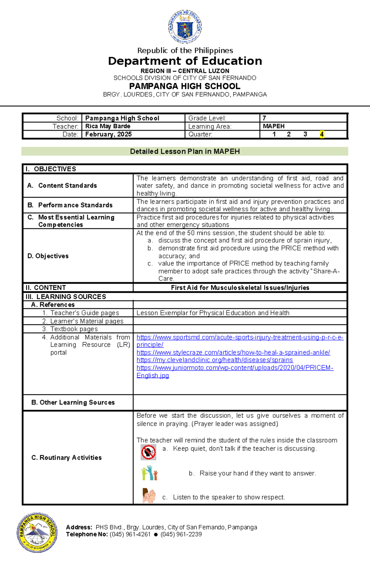 MAPEH 7 Detailed Lesson Plan on First Aid Procedures - Studocu