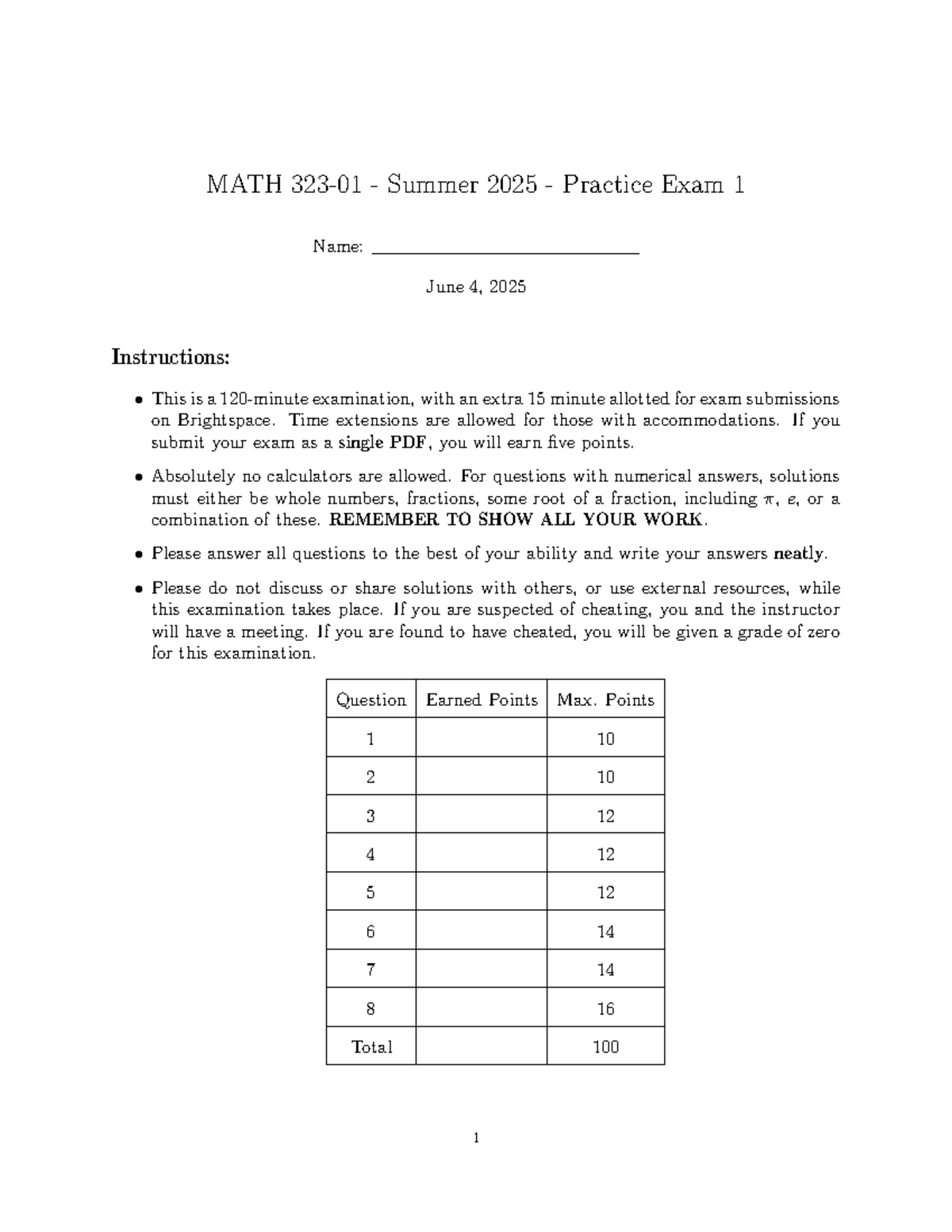 MATH 323 Summer 2025 Practice Exam 1: Key Concepts and Instructions ...