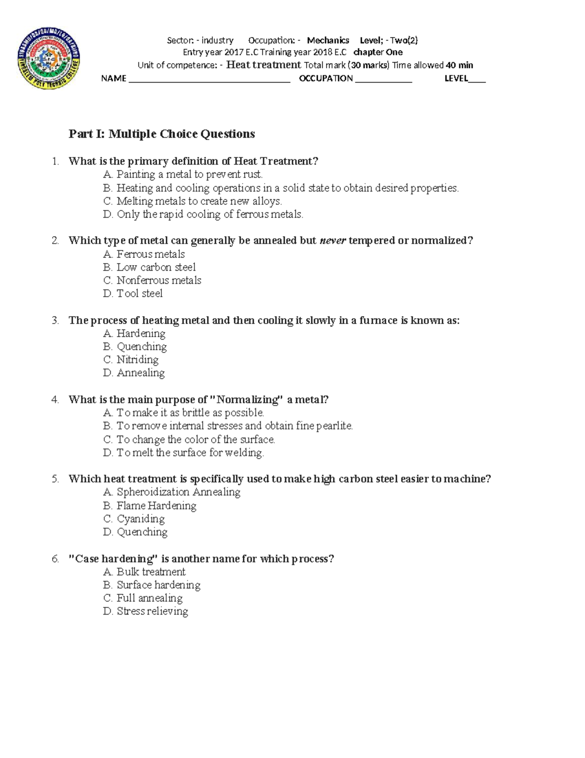 Test 1 - Mechanics II: Heat Treatment (2017 E.C) Exam Questions - Studocu