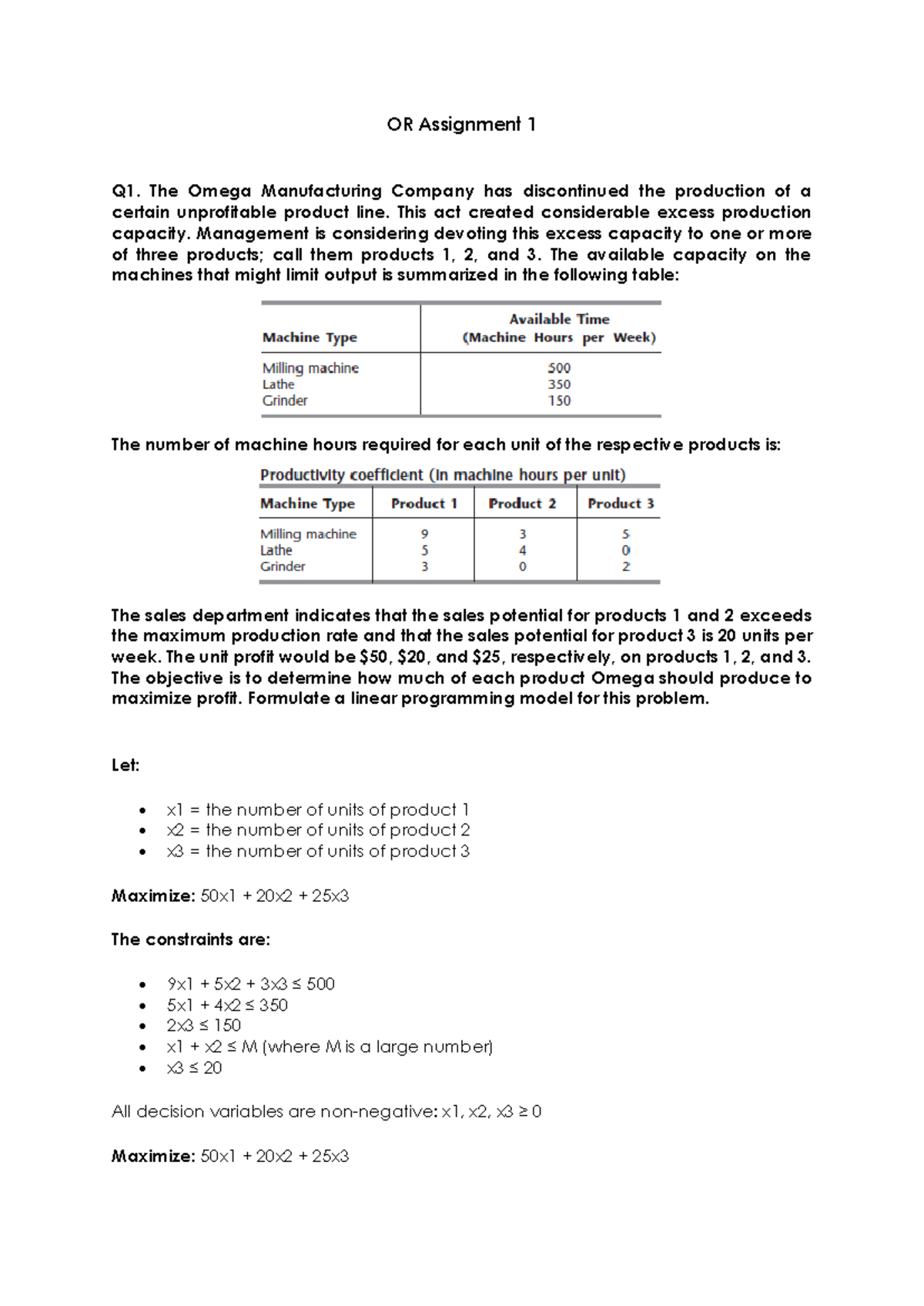 Assignment 1: Linear Programming in Operations Research (OR) - Studocu