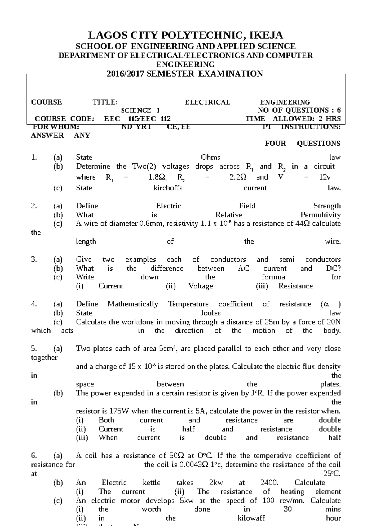 Electrical Science I EEC 112 ND Yr I CE Exam Questions and Solutions ...