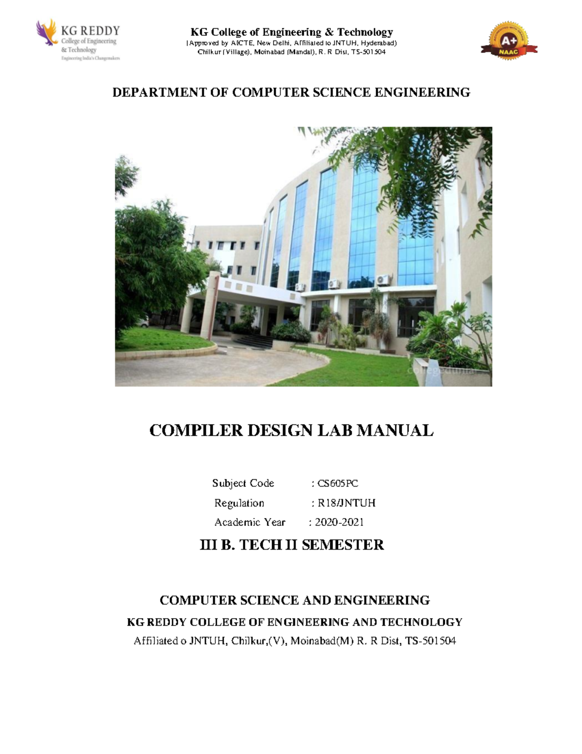 Compiler Design Lab Manual (CS605PC) - Course Notes and Experiments ...