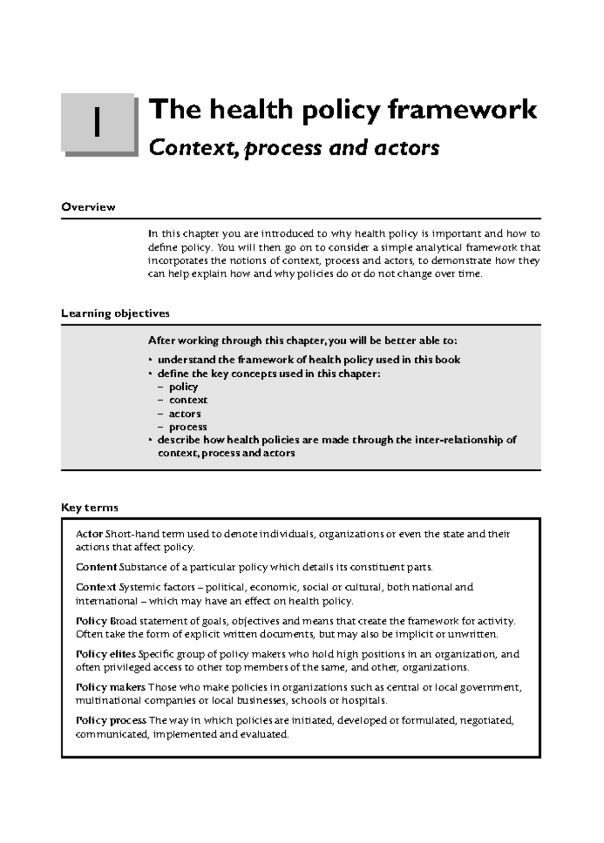 Health Policy Framework: Context, Process, and Key Actors Analysis - Studocu