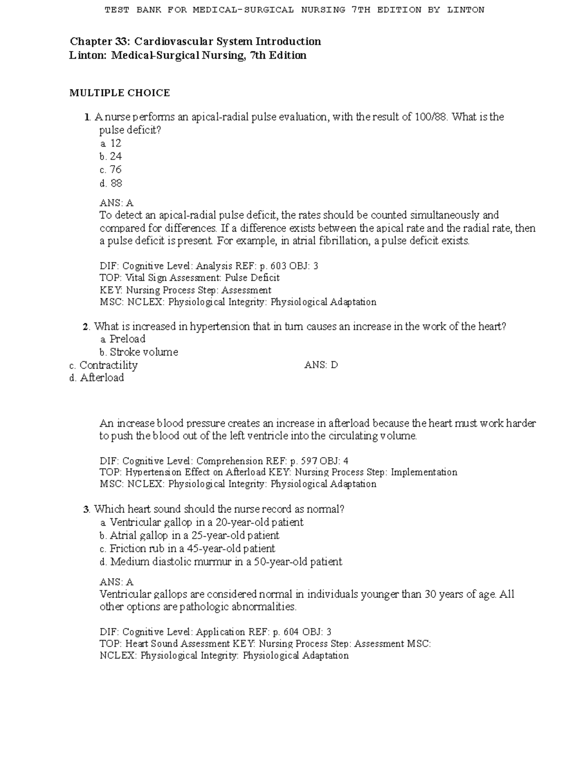 33 - Cardiac System Intro - TEST BANK FOR MEDICAL-SURGICAL NURSING 7TH ...
