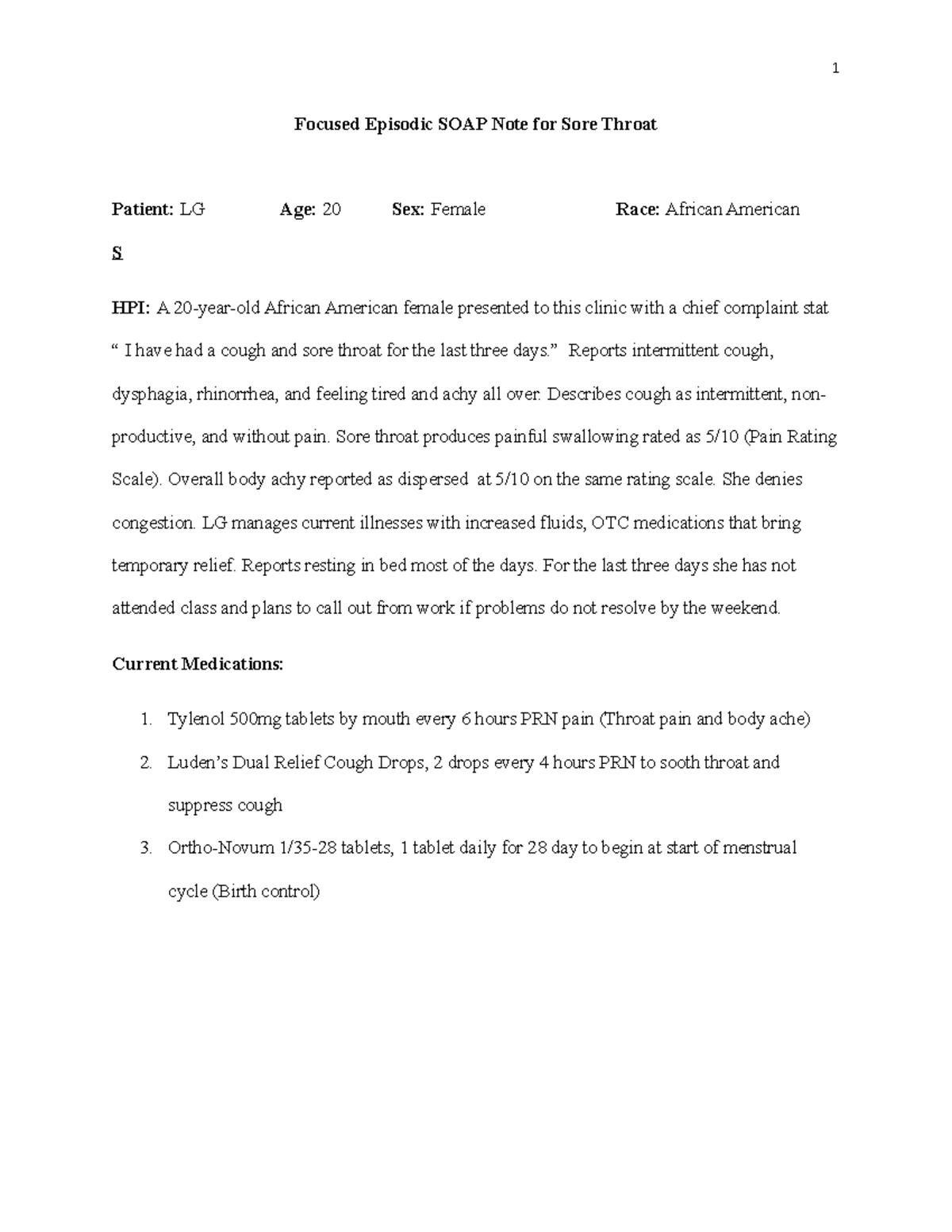 Focused Episodic SOAP Note for Sore Throat - Patient LG (20F) - Studocu