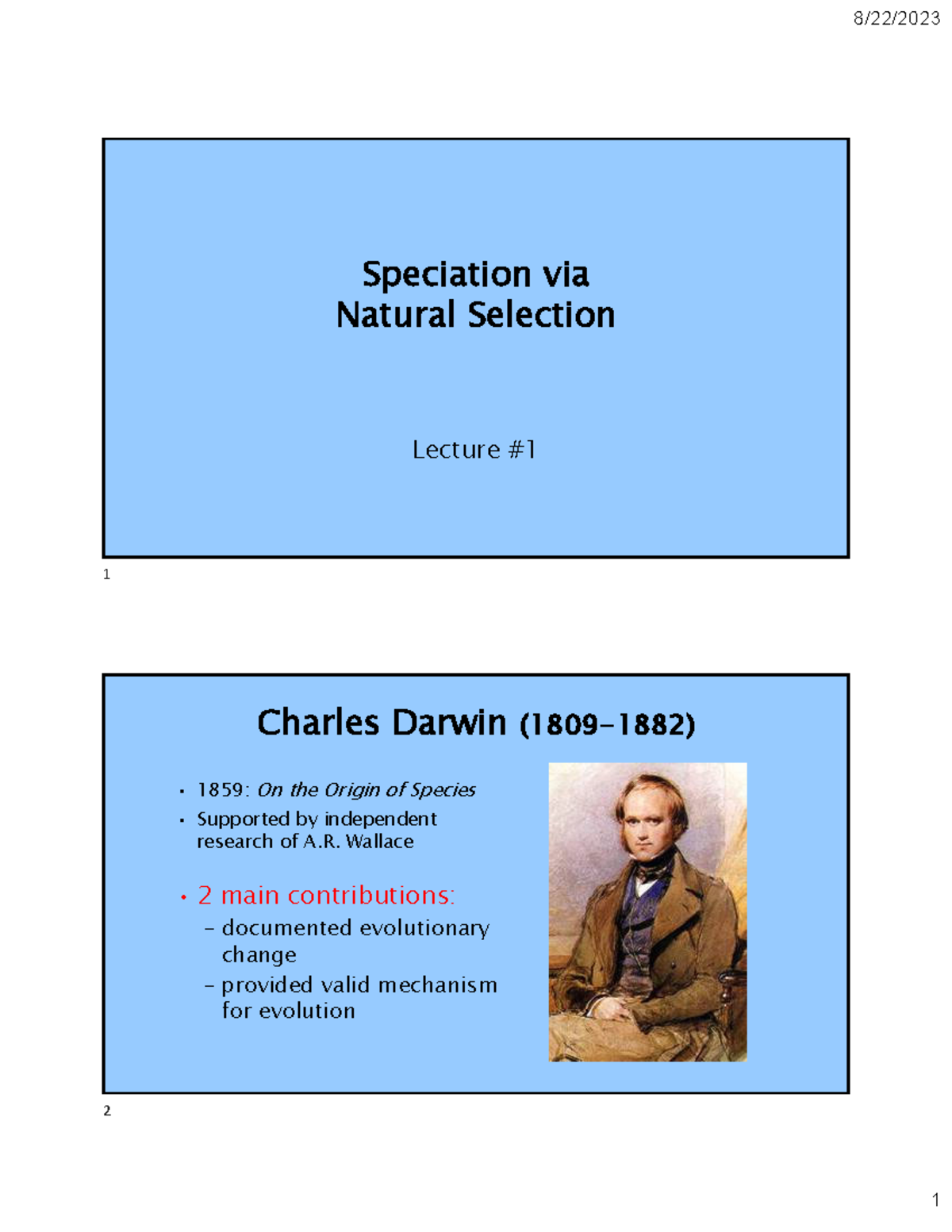 Lecture #1: Speciation via Natural Selection (BIO101) - Speciation via ...