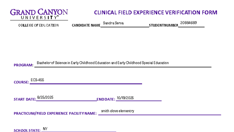 Clinical Field Experience Verification Form: Sandra Serva, BS in Early ...