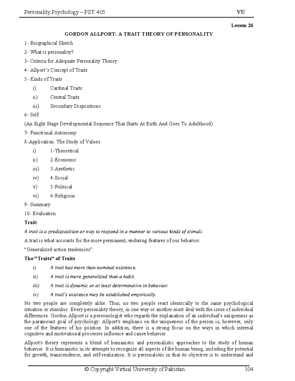 Personality Psychology PSY 405 VU Lesson 26: Gordon Allport's Trait Theory - Studocu