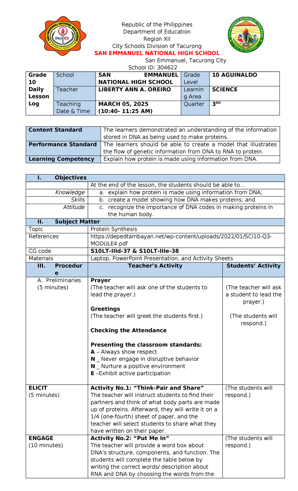 Grade 10 Science Lesson Plan: Protein Synthesis (LP-PS) - Studocu