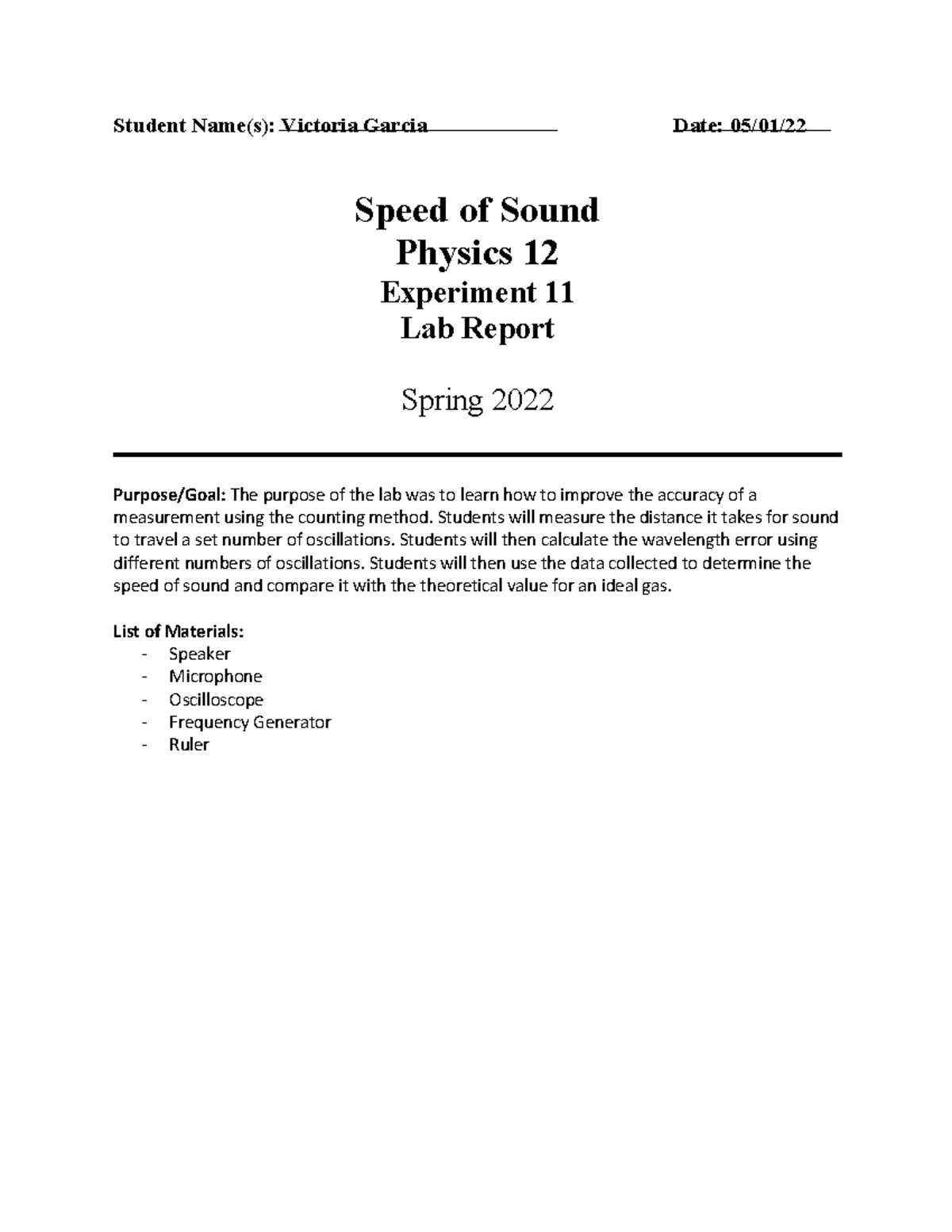 Speed of Sound Lab Report - PHY 012 - Experiment 11 Analysis - Studocu