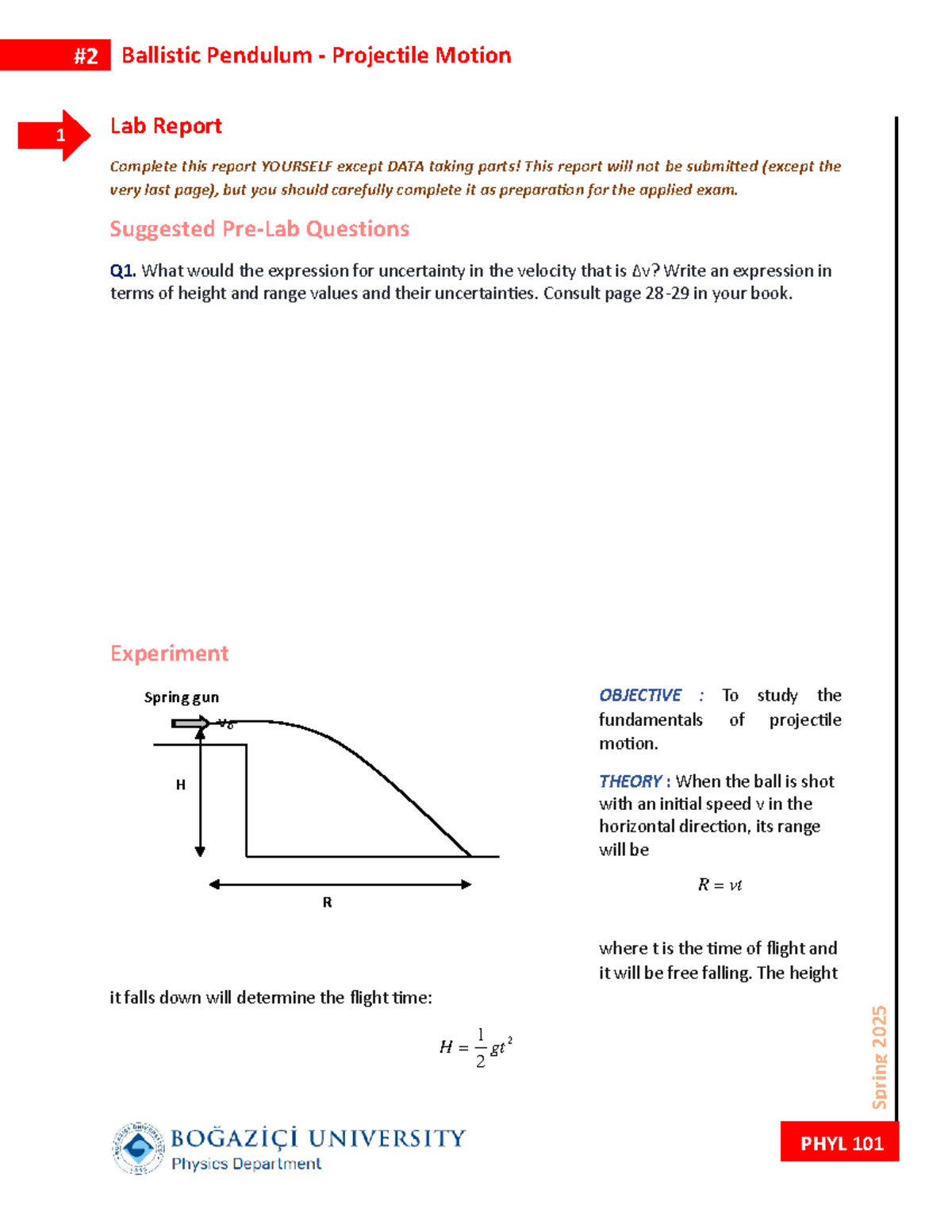 PHYL 101 Spring 2025: Ballistic Pendulum Projectile Motion Lab Report - Studocu