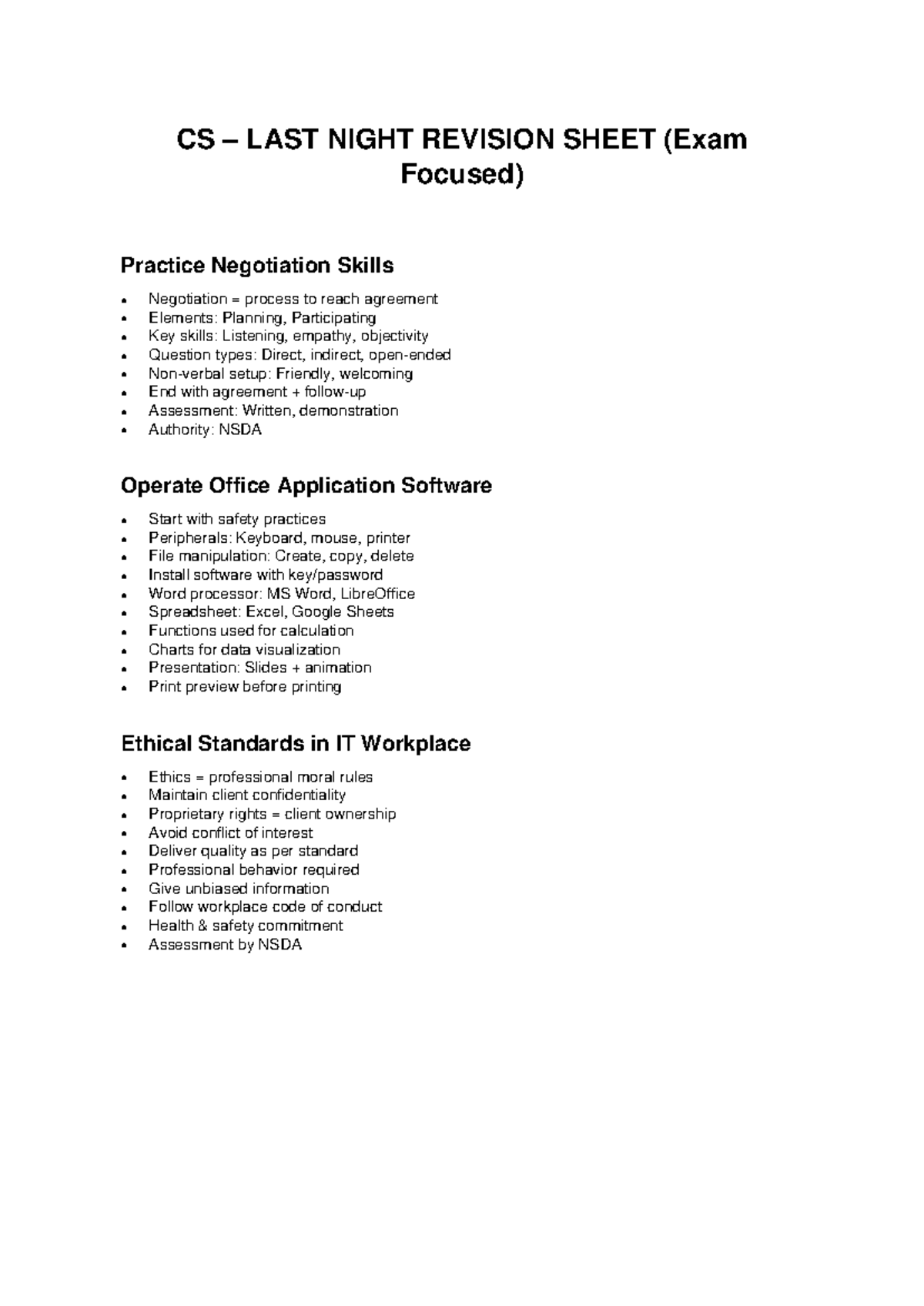 CS Last Night Revision Sheet: Negotiation & IT Ethics Exam Prep - Studocu