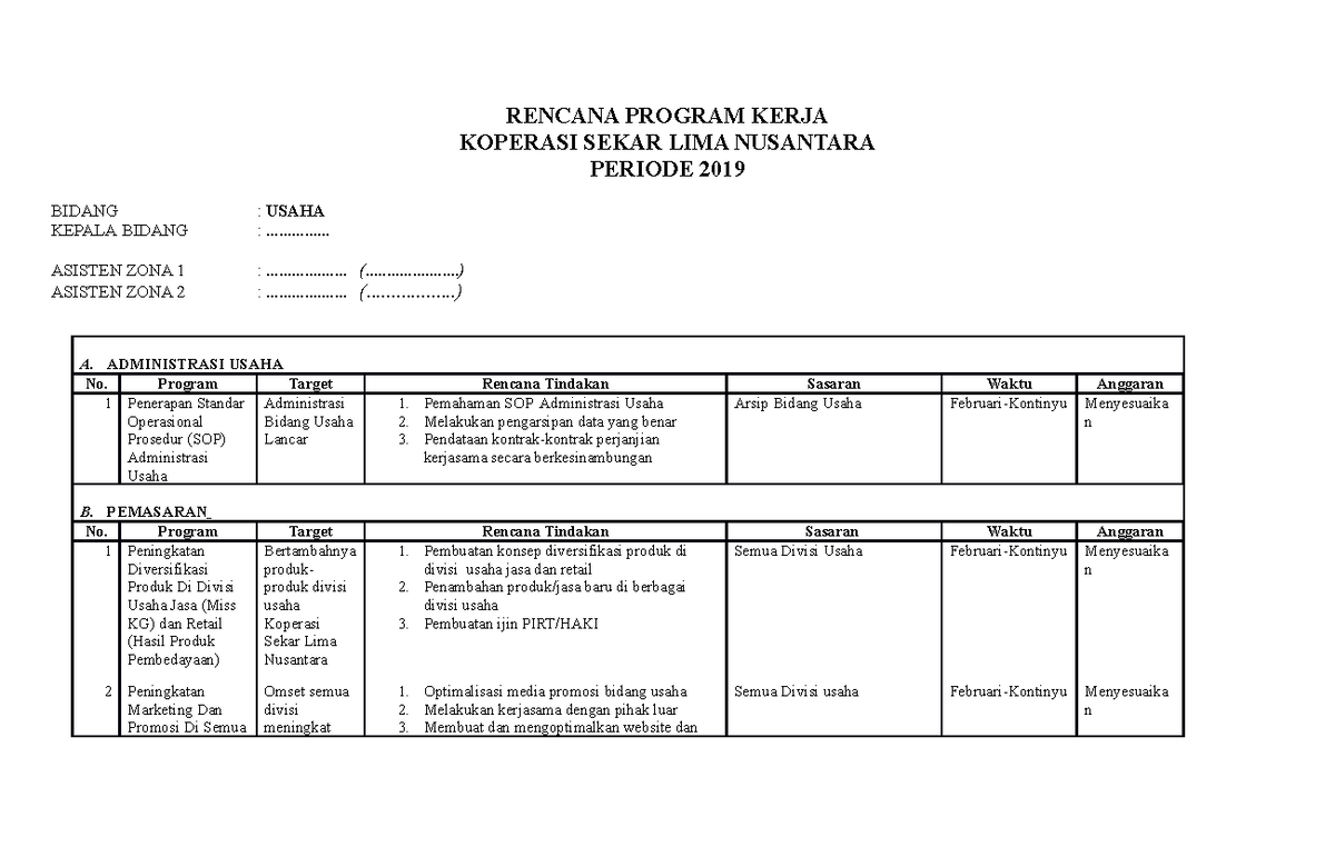 RENCANA PROGRAM KERJA KOPERASI SEKAR LIMA NUSANTARA PERIODE 2019 ...