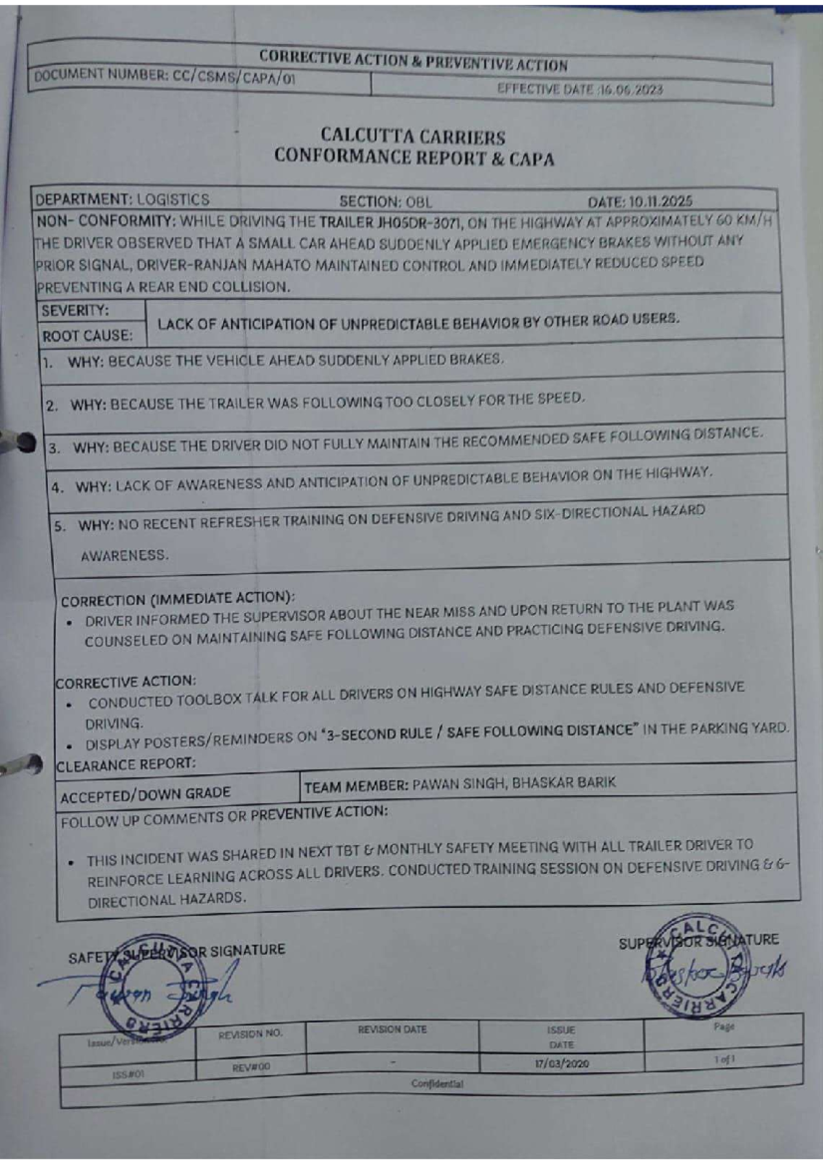 CAPA Report: Near Miss Incident Analysis & Driver Training (NM & CAPA ...