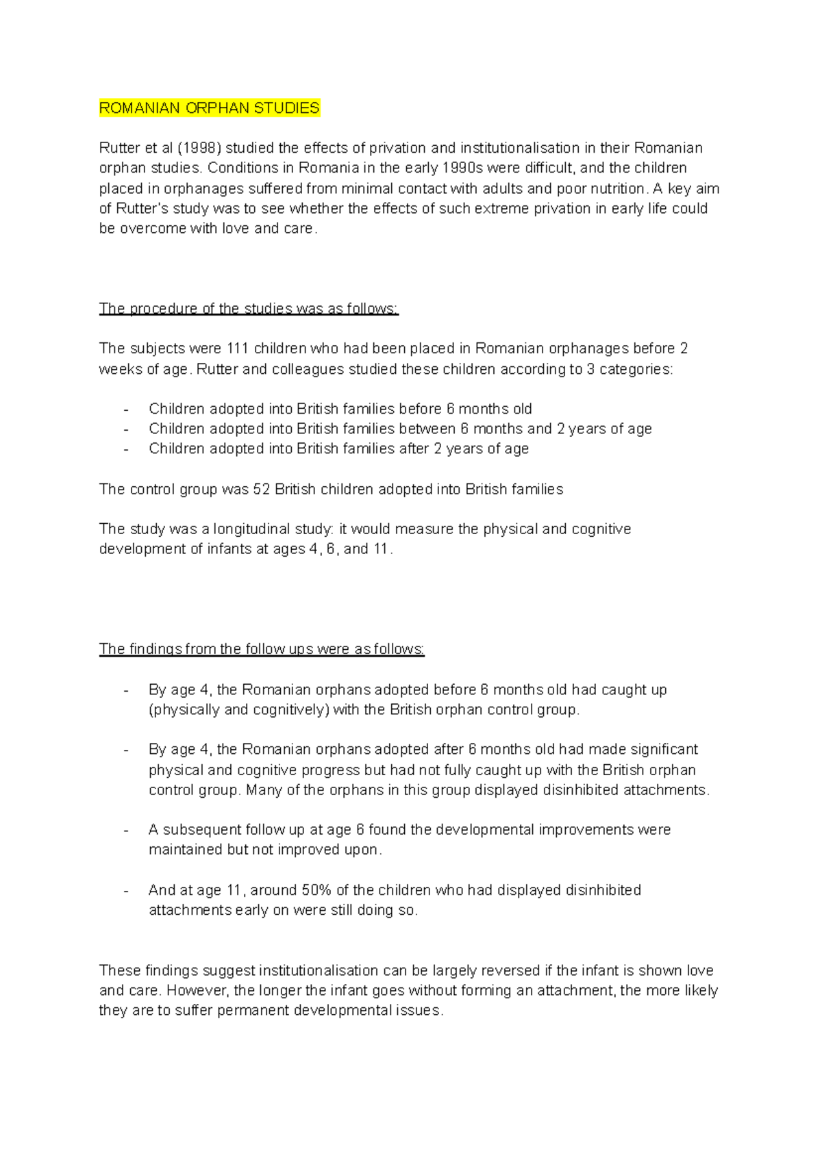 Romanian Orphan Studies: Impact of Early Privation and Care - Studocu