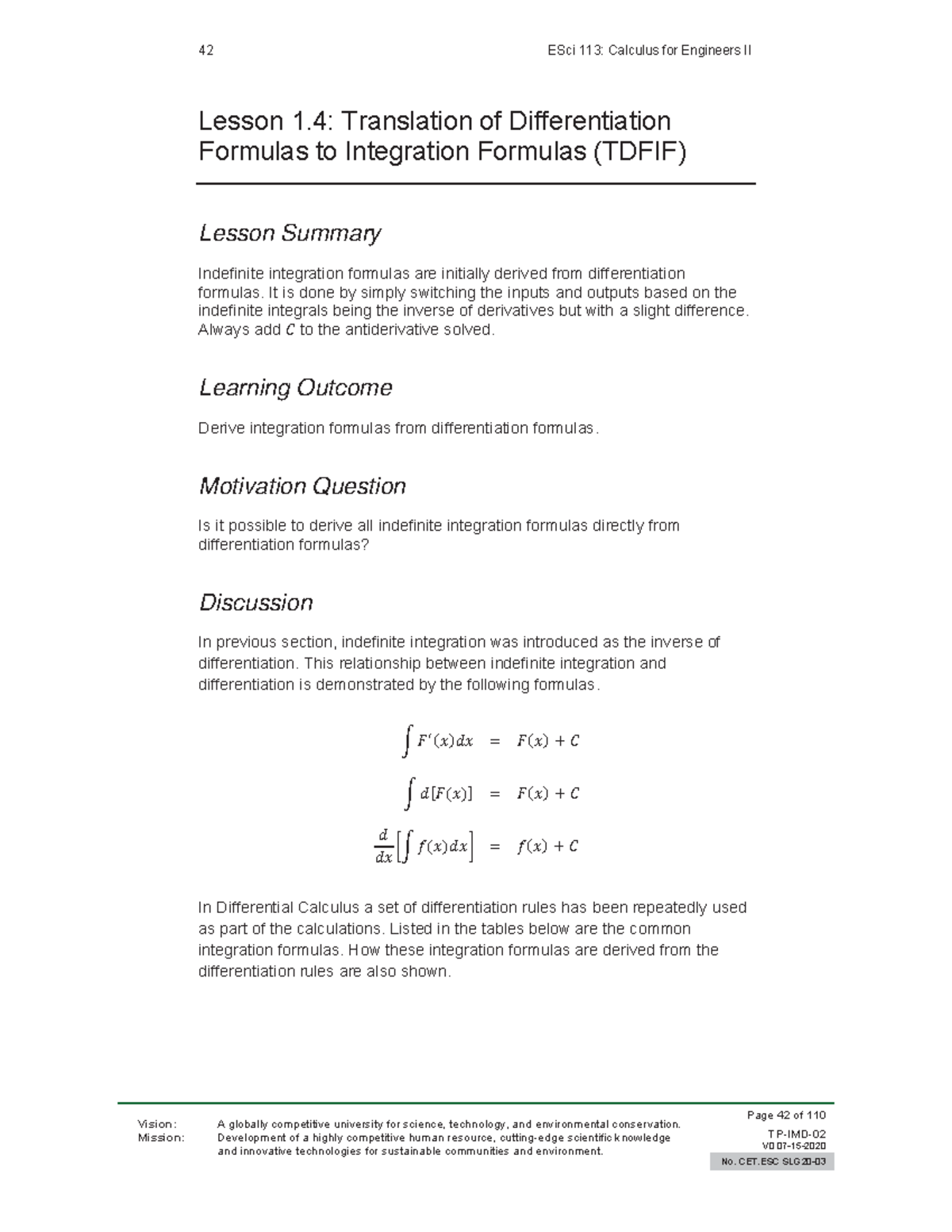 Lesson 1.4: Derivation of Indefinite Integration Formulas - ESci 113 ...
