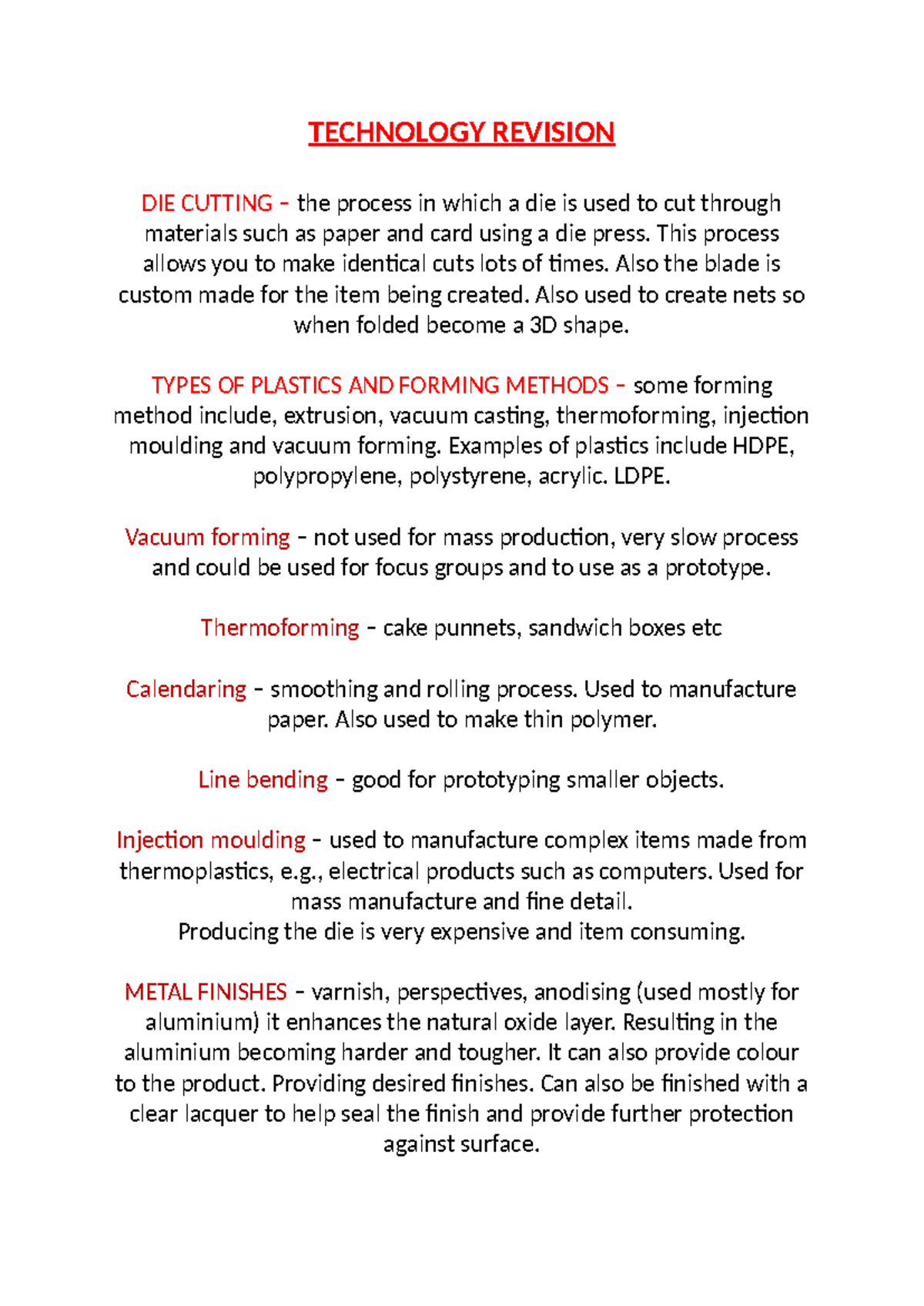 Technology Revision Notes for D&T 101 - Processes and Materials - Studocu
