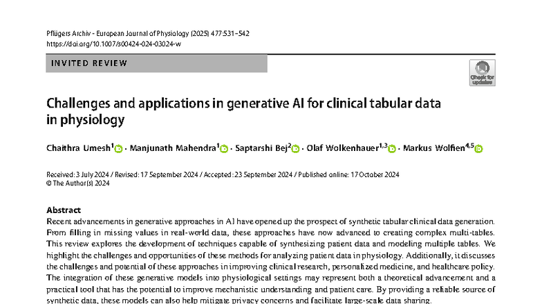 Pflügers Archiv: Generative AI in Clinical Tabular Data (2025) - Studocu