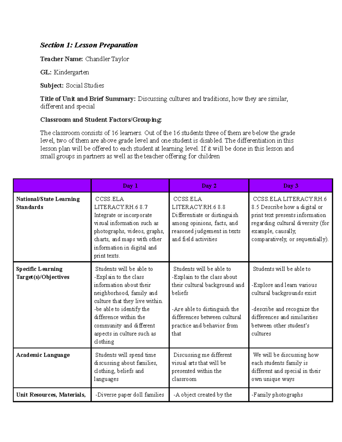 Unit plan - Section 1: Lesson Preparation Teacher Name: Chandler Taylor ...