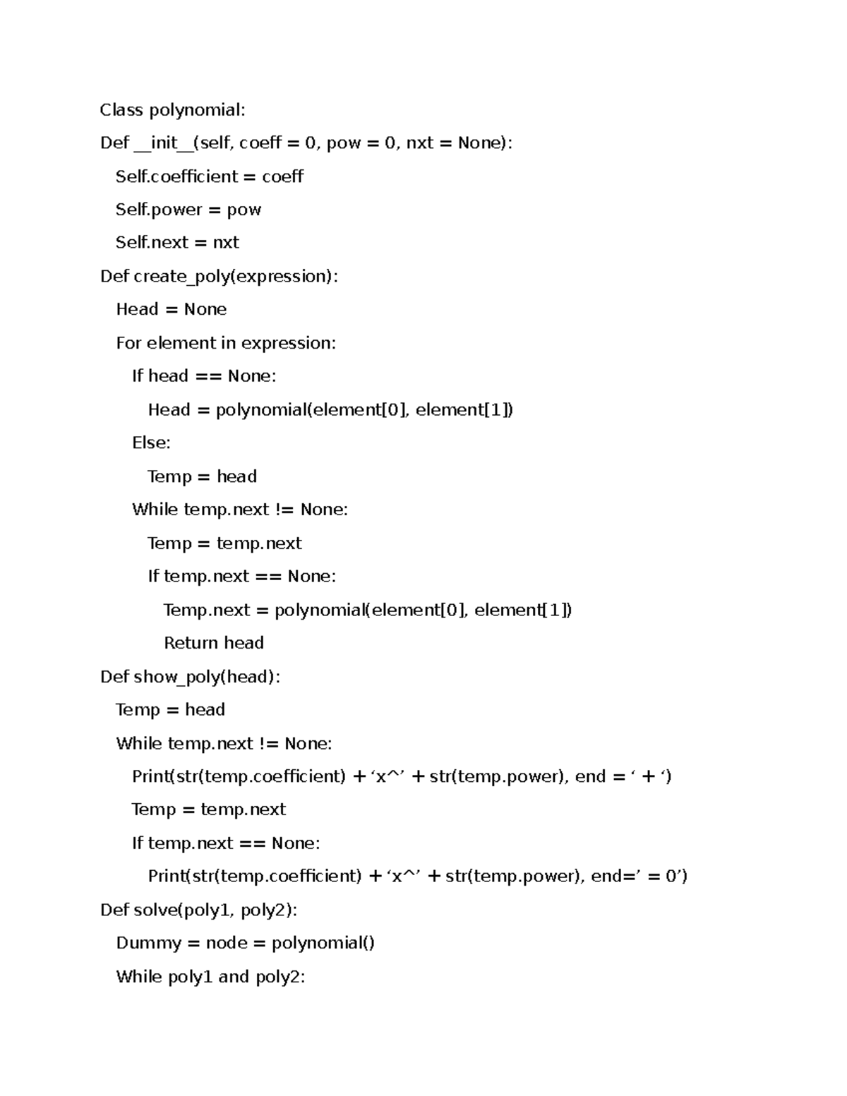 Document - Thanks - Class polynomial: Def init(self, coeff = 0, pow = 0 ...